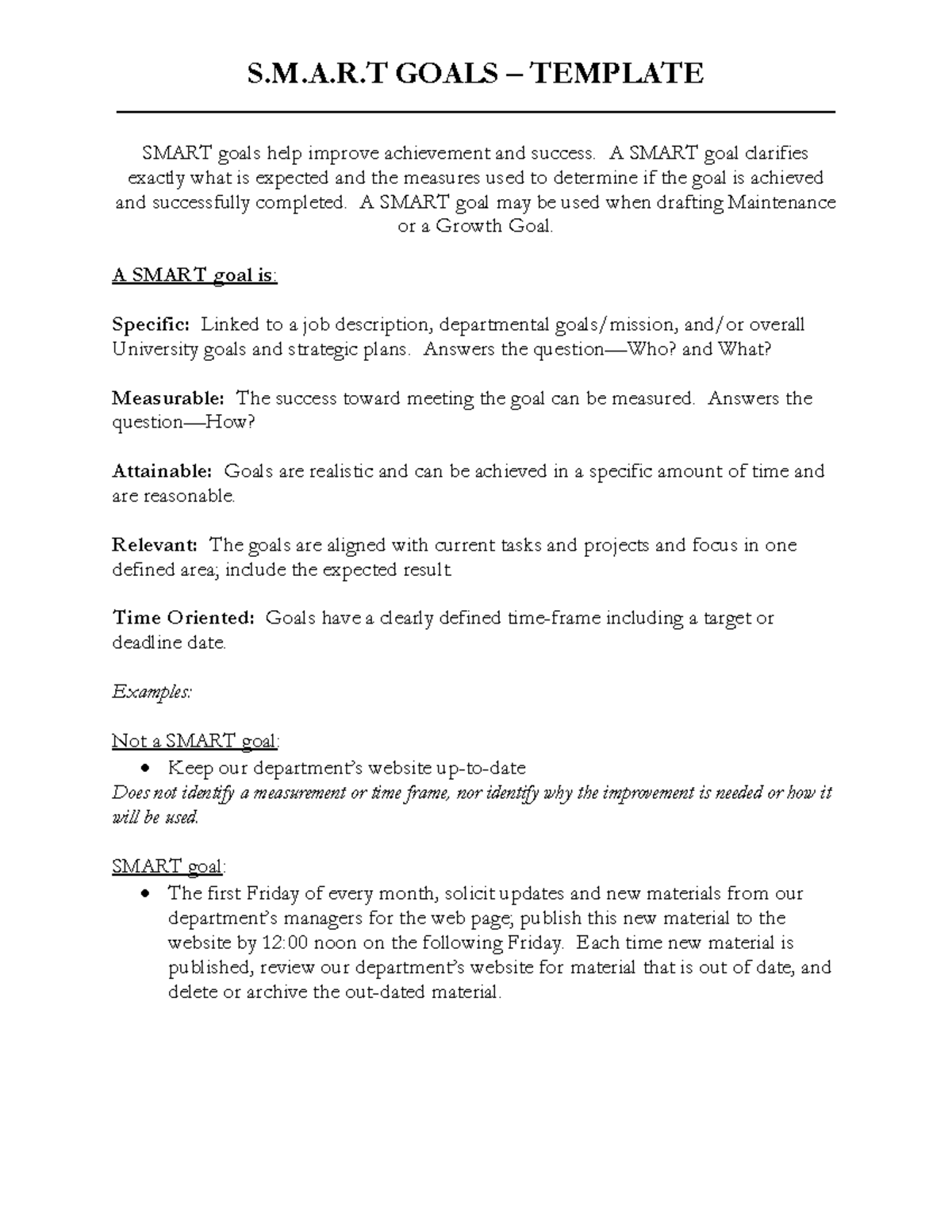 Smart Goals planning sheet - S.M.A.R GOALS – TEMPLATE - Studocu