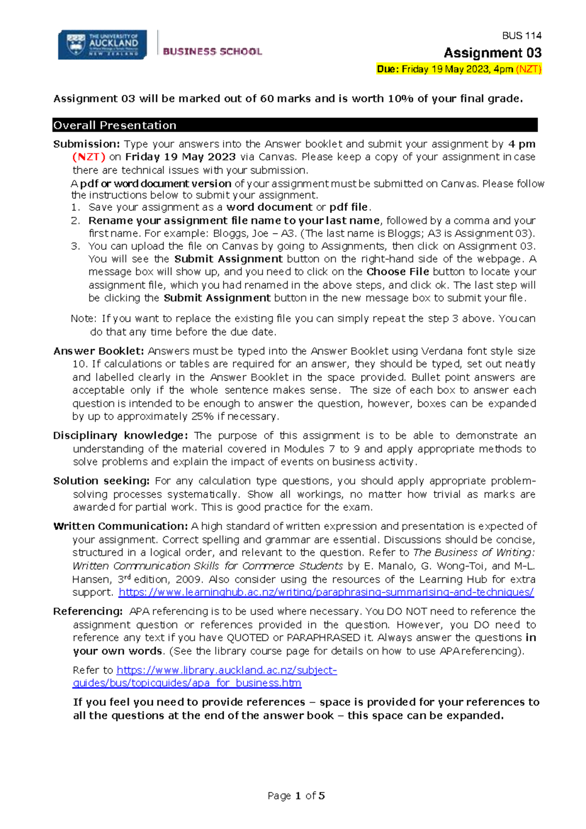 BUS114 Assignment 03 S1 2023 - Questions - BUS 114 Assignment 03 Due: Friday 19 May 2023, 4pm ...
