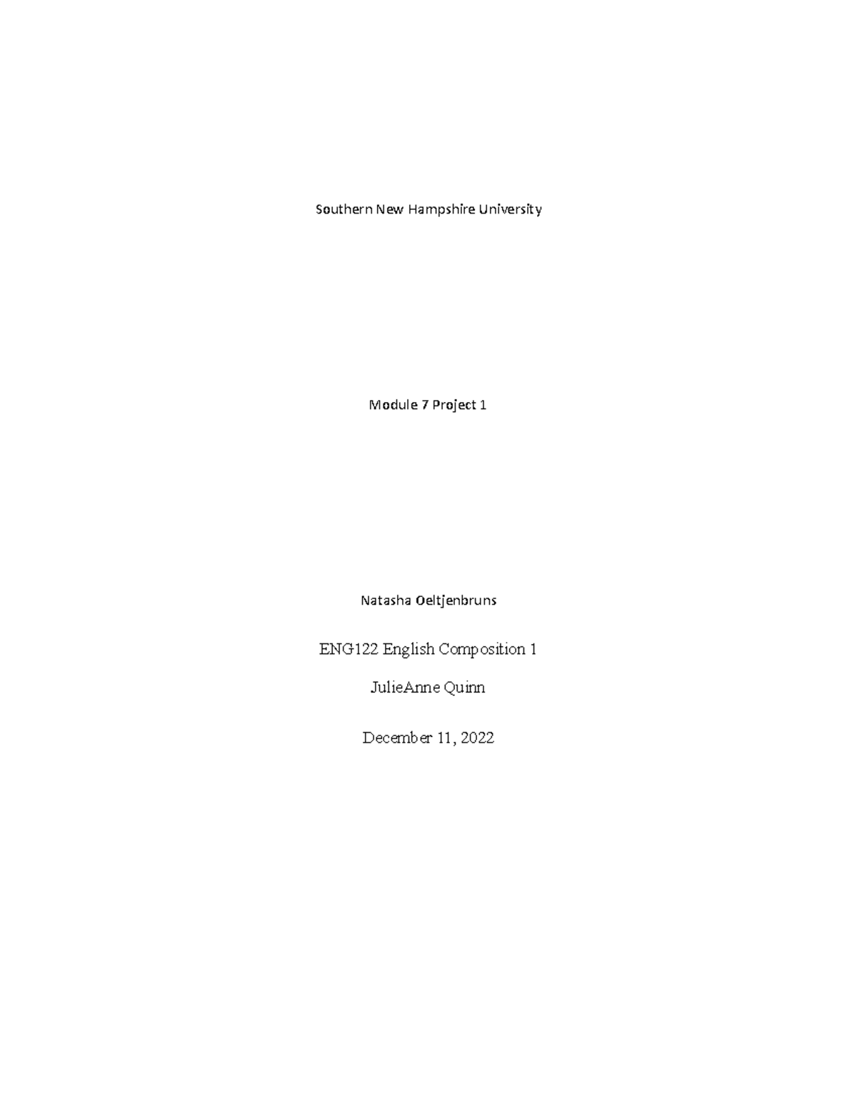 Project 1; Final Paper - Southern New Hampshire University Module 7 ...