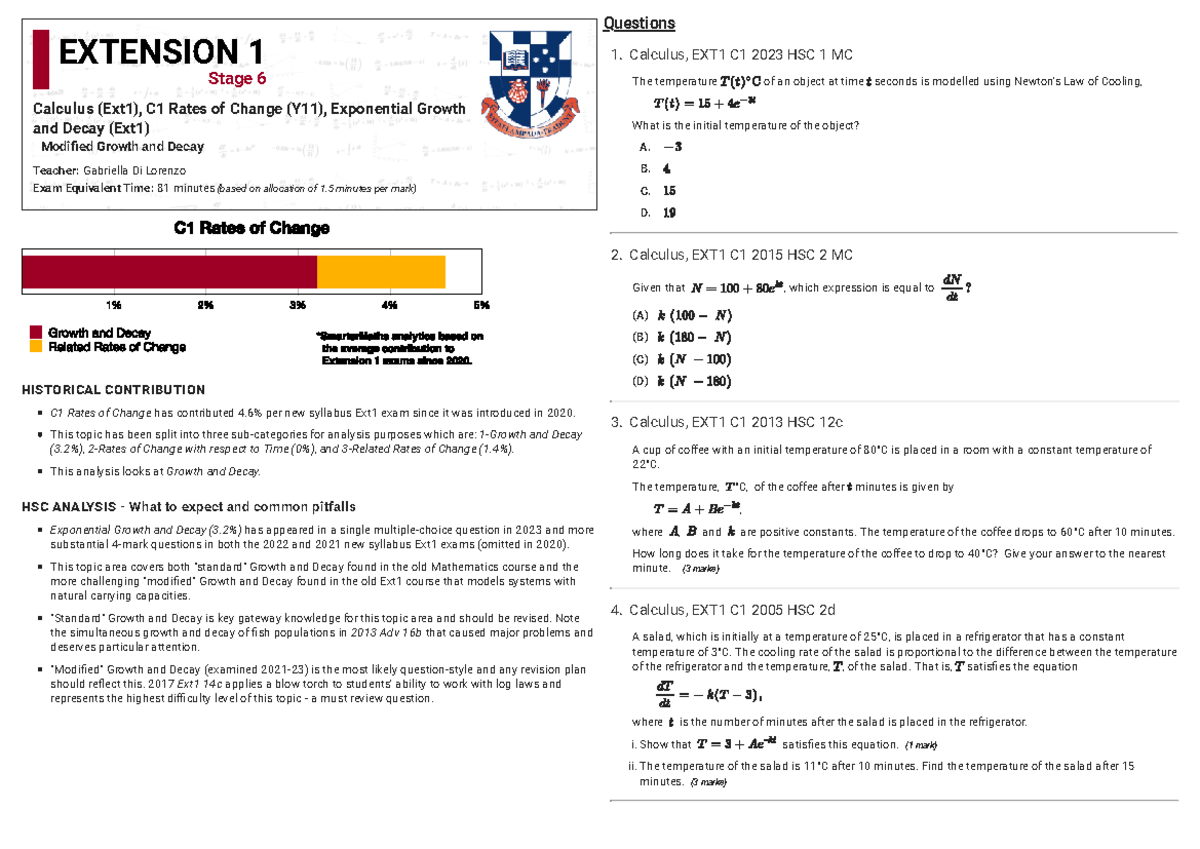 Modified Grwth+Decay - sheet - Calculus (Ext1), C1 Rates of Change (Y11 ...