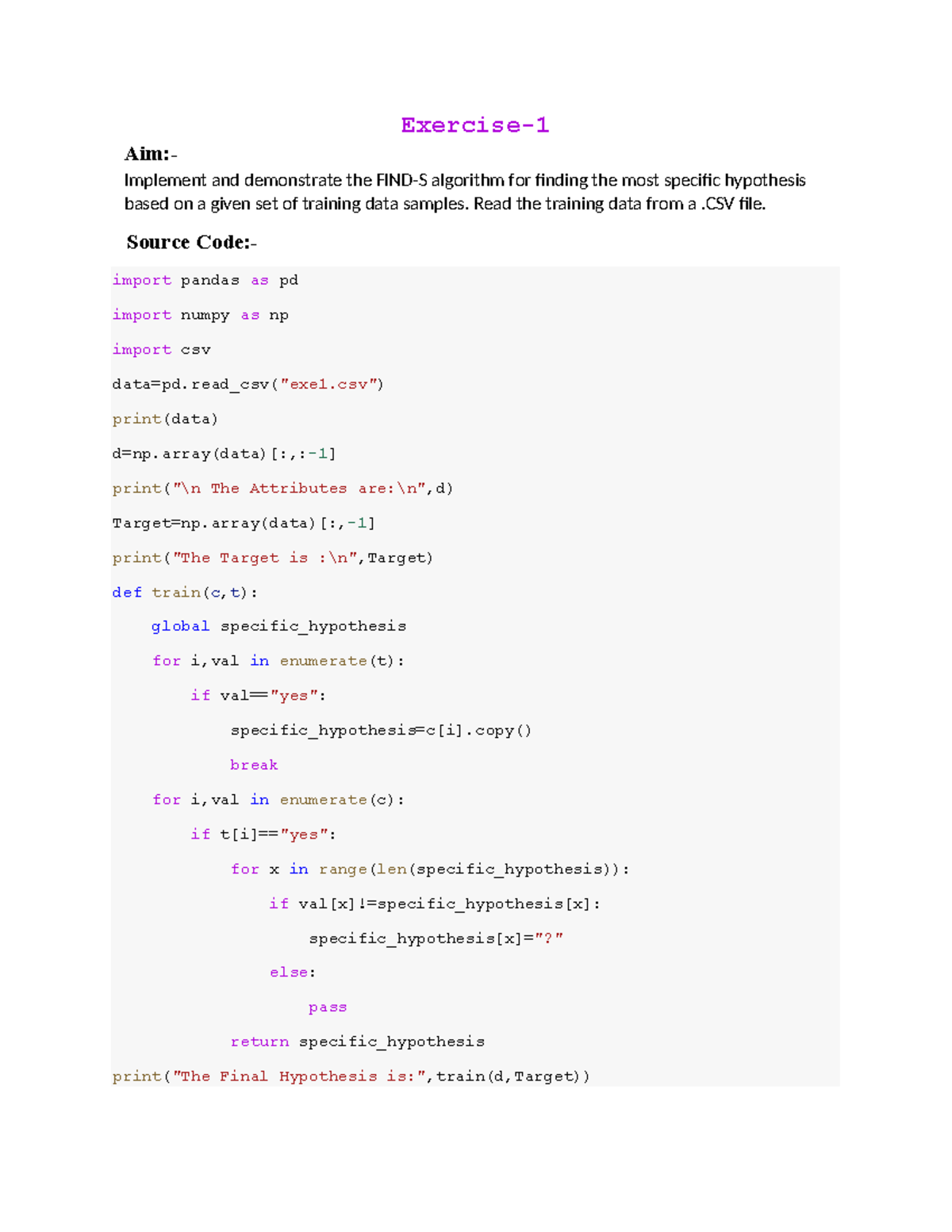 Ml Lab Manual Exercise Aim Implement And Demonstrate The Find S Algorithm For Finding The