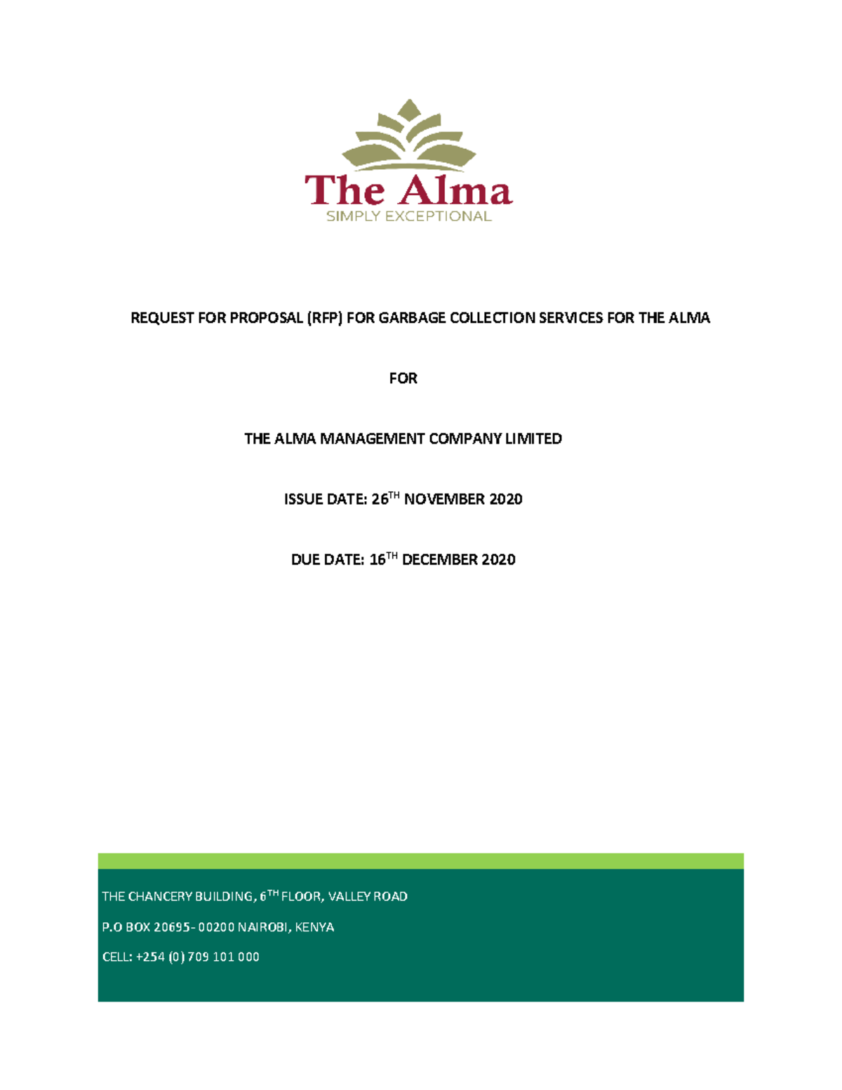 Request for proposal the alma garbage collection servicesvf 2 - REQUEST FOR PROPOSAL (RFP) FOR ...