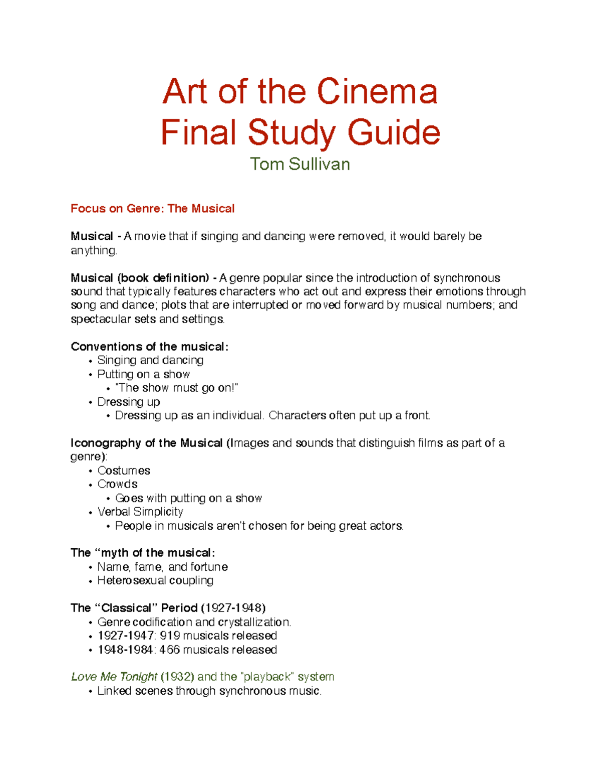 Art of the Cinema Final - Art of the Cinema Final Study Guide Tom ...