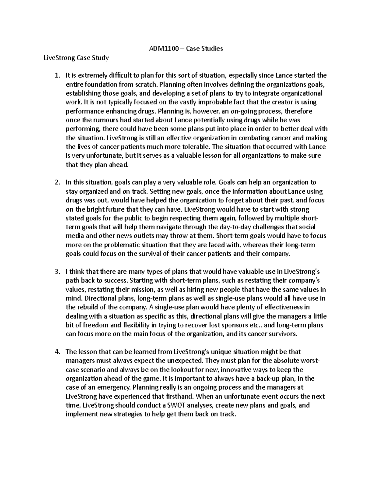 ADM 1100 - Case Study - ADM1100 – Case Studies LiveStrong Case Study It ...
