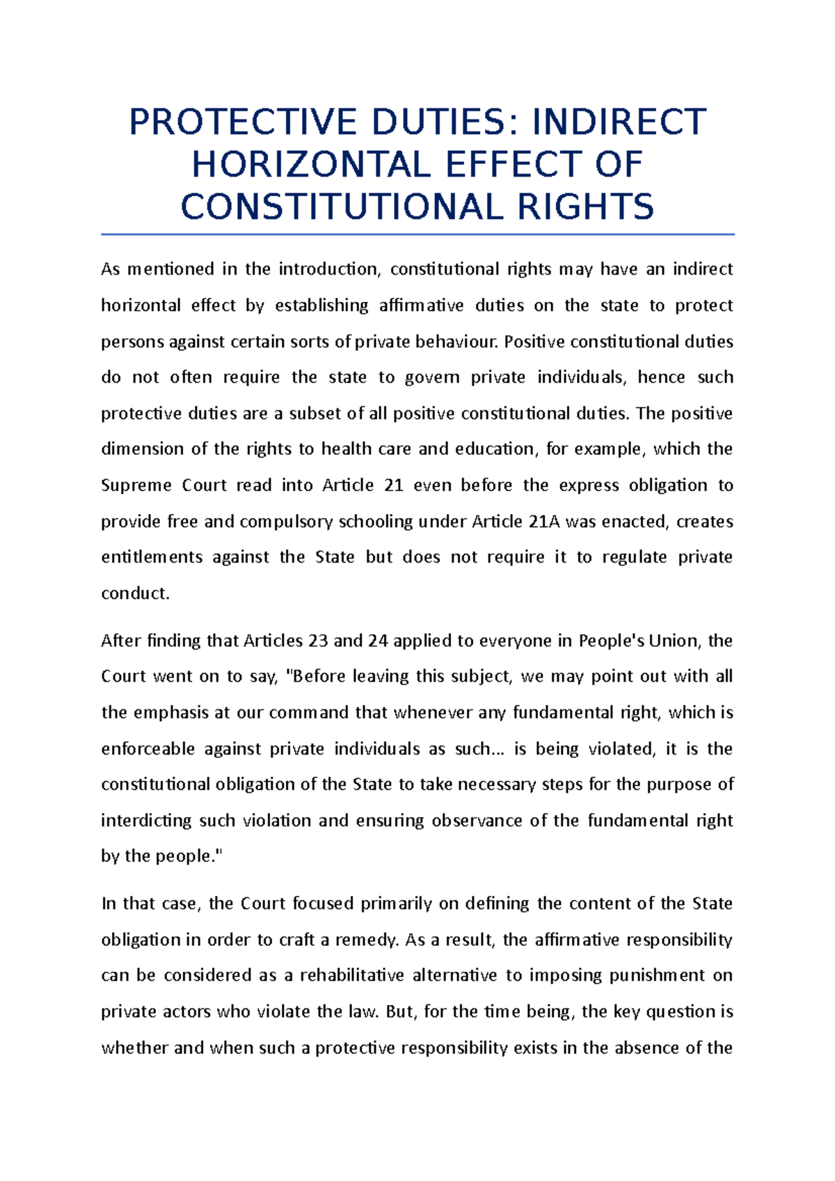 Protective Duties Indirect Horizontal Effect OF Constitutional Rights ...