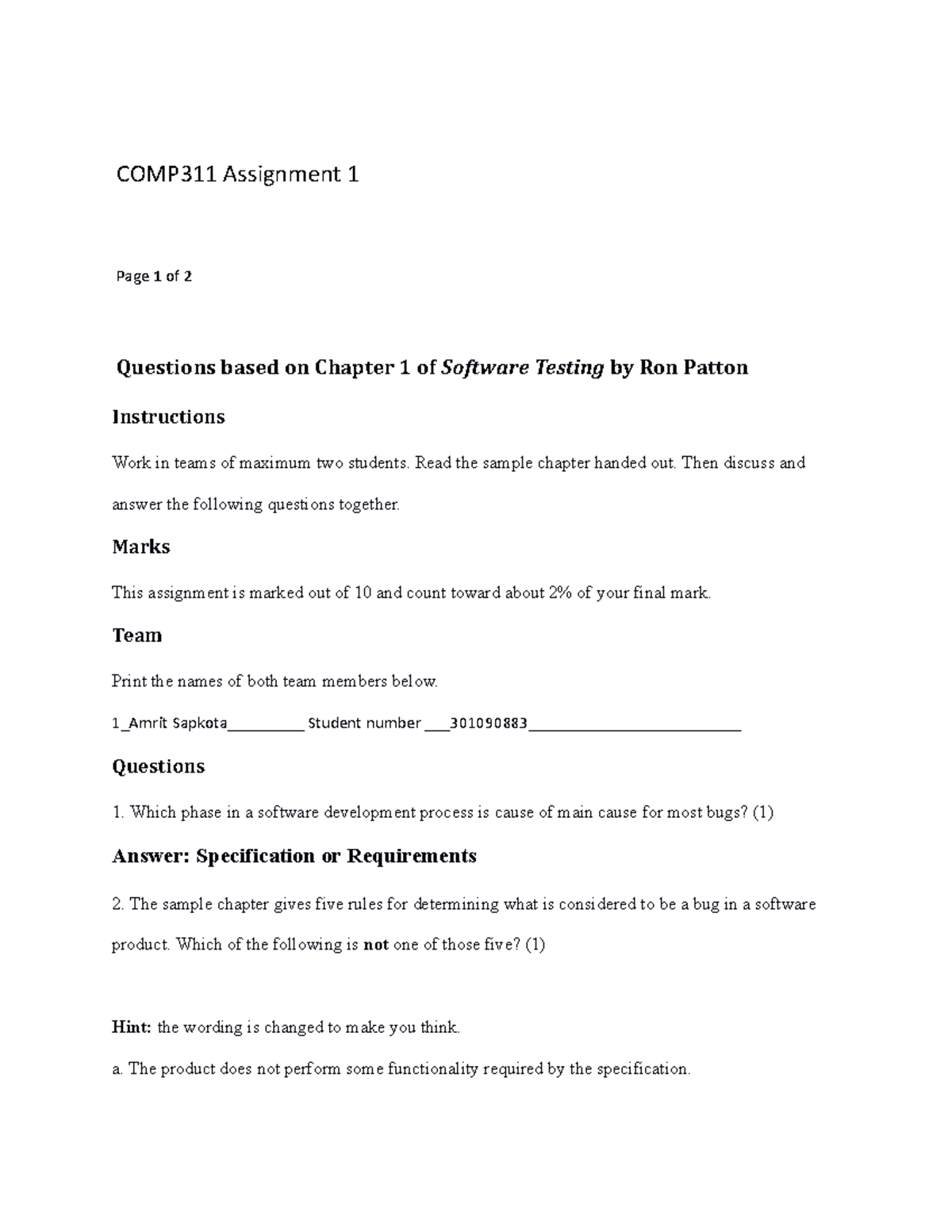 COMP311 Assignment 1 - assign - COMP311 Assignment 1 Page 1 of 2 Questions based on Chapter 1 of ...