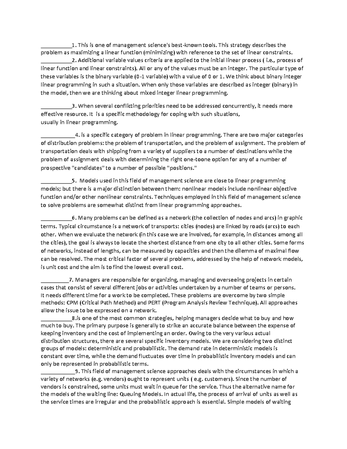 Management Science Methods practice Test - __________1. This is one of ...