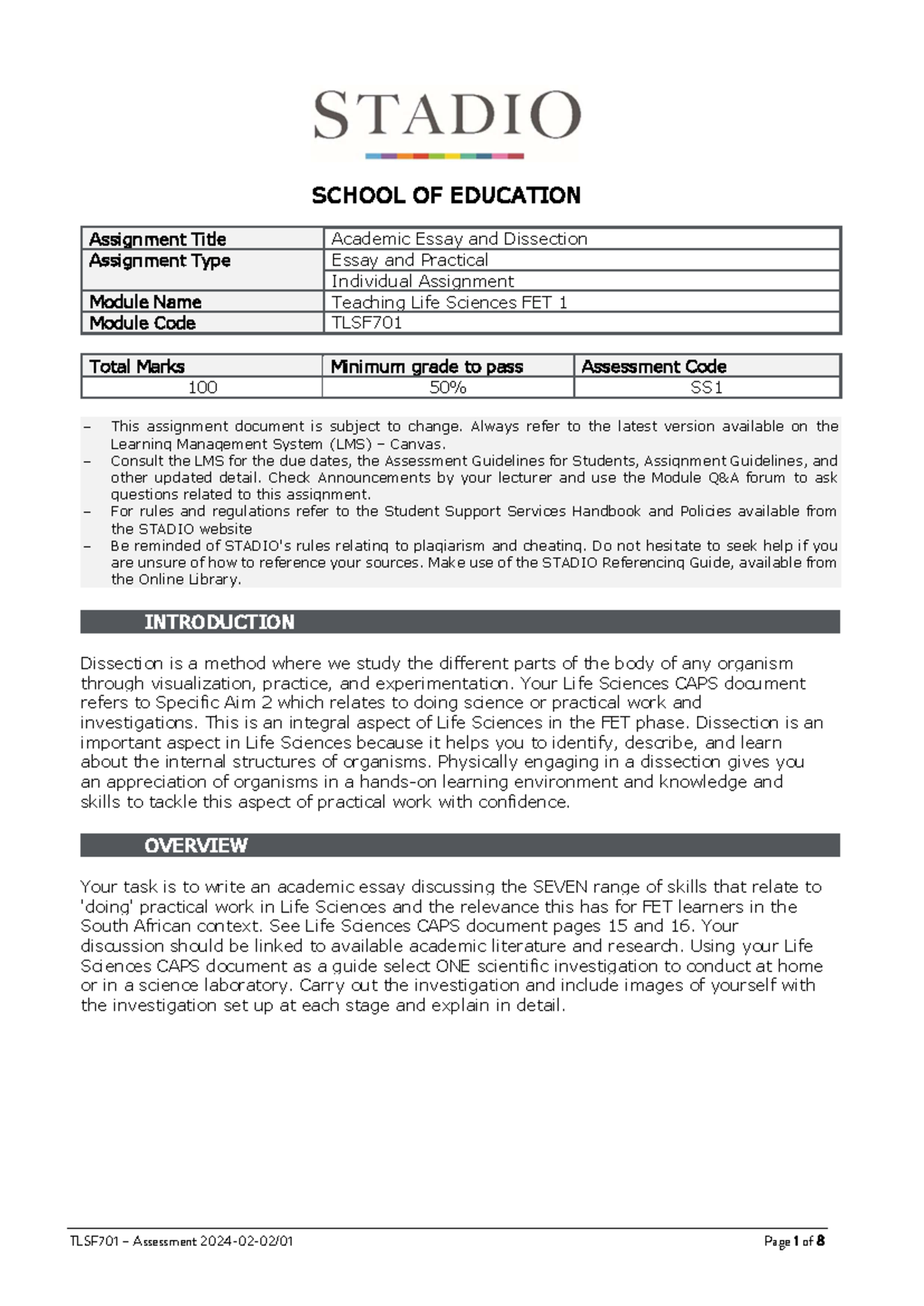 Stadio Assignment Template TLSF701-SS1 2024-1, TNSS701, EDSA700, TP701 ...
