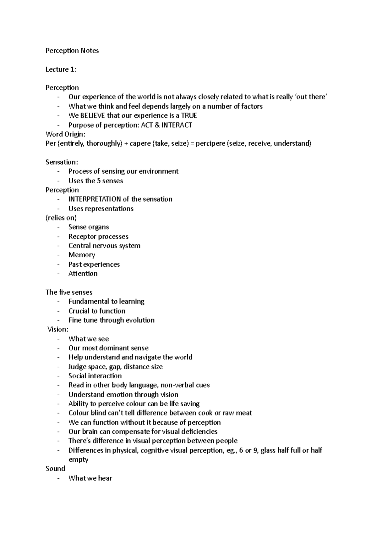 Perception Notes - Perception Notes Lecture 1: Perception - Our ...