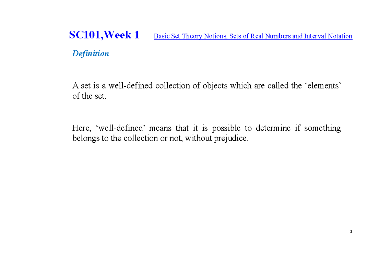 SC101-Week1-Notes - this is just for preemium - Definition A set is a ...