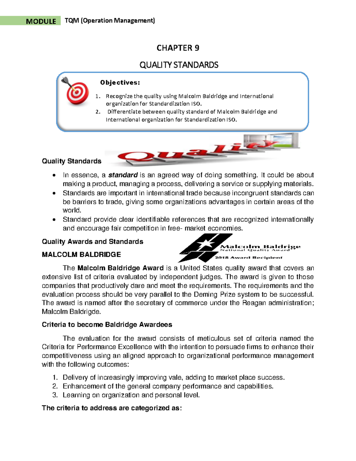 Chapter 9 Quality Standard - CHAPTER 9 QUALITY STANDARDS Quality ...