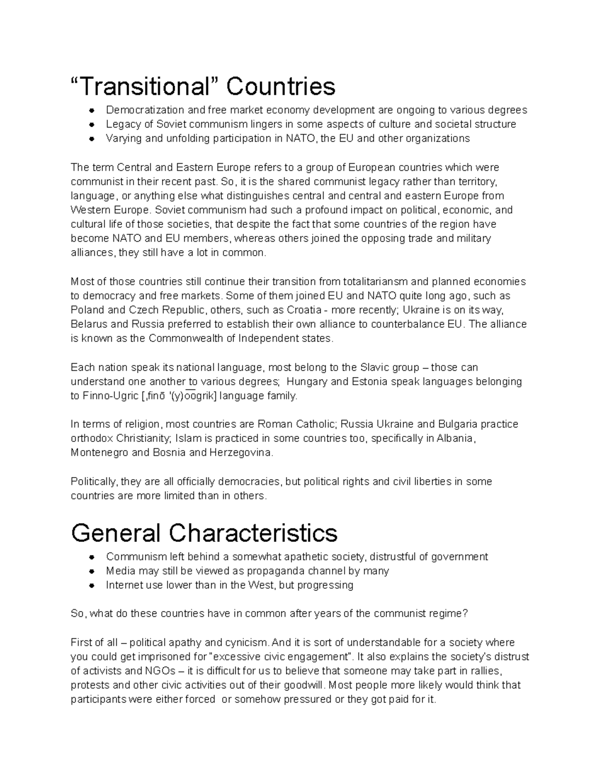 Week 14 Central and Eastern Europe - “Transitional” Countries ...