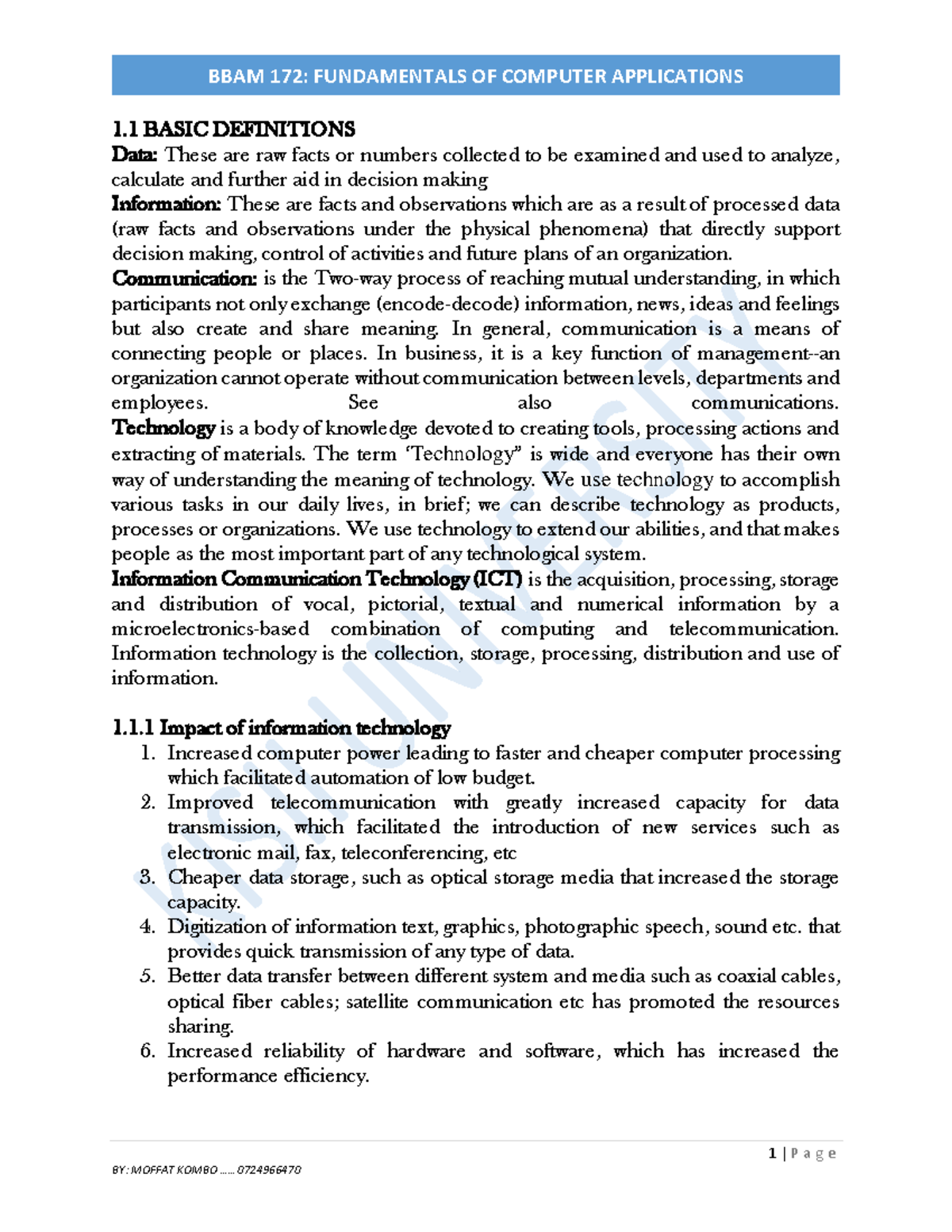 BBAM 172 Notes PART ONE - 1 | P a g e 1. 1 BASIC DEFINITIONS Data ...