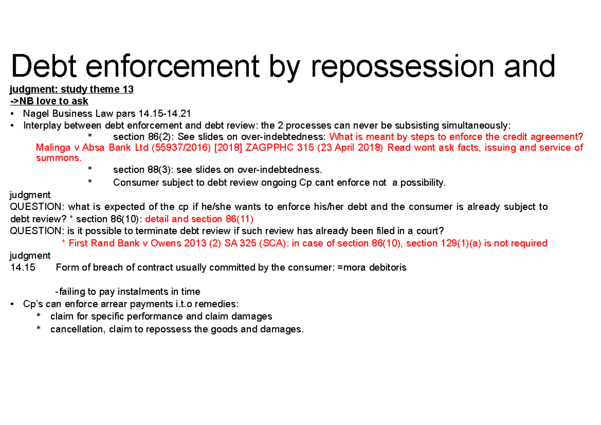 Enforcement slides - Lecture notes. - Debt enforcement by repossession ...