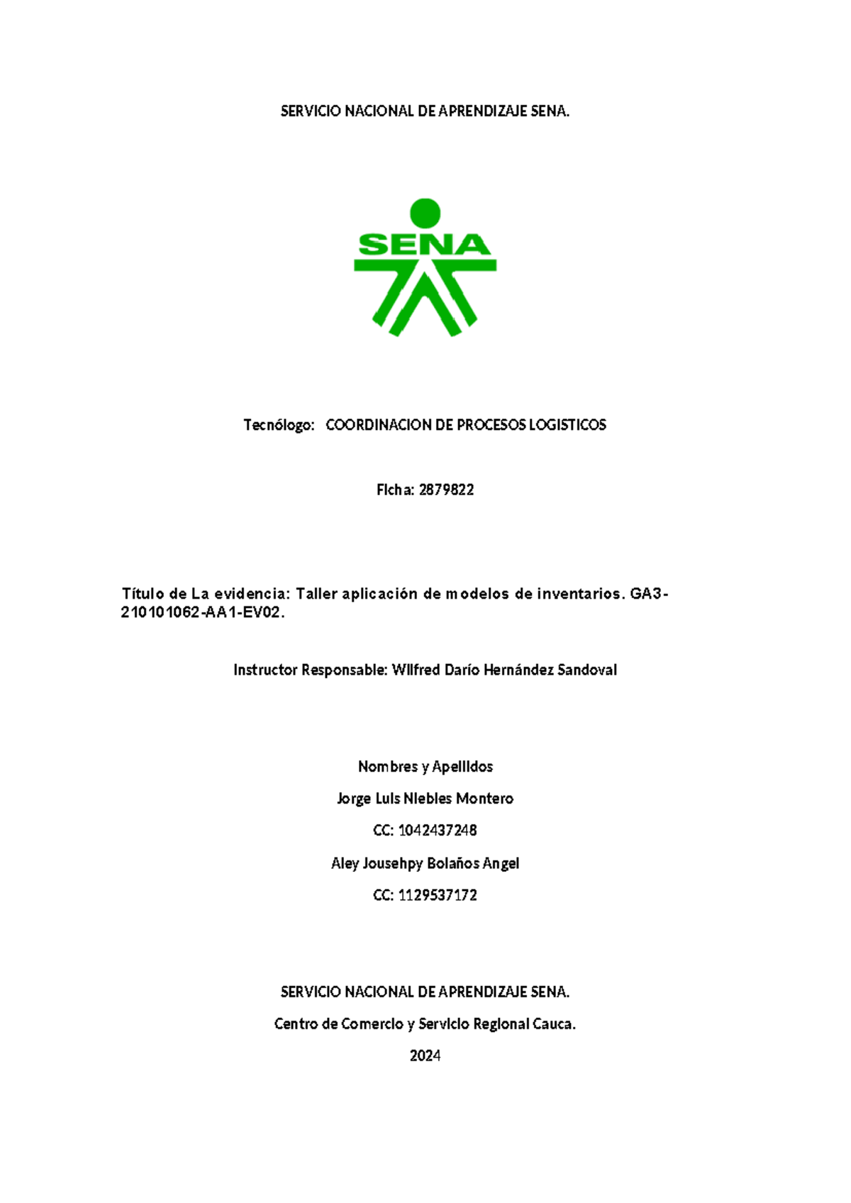 Taller aplicación de modelos de inventarios. GA3-210101062-AA1-EV02. - SERVICIO NACIONAL DE ...
