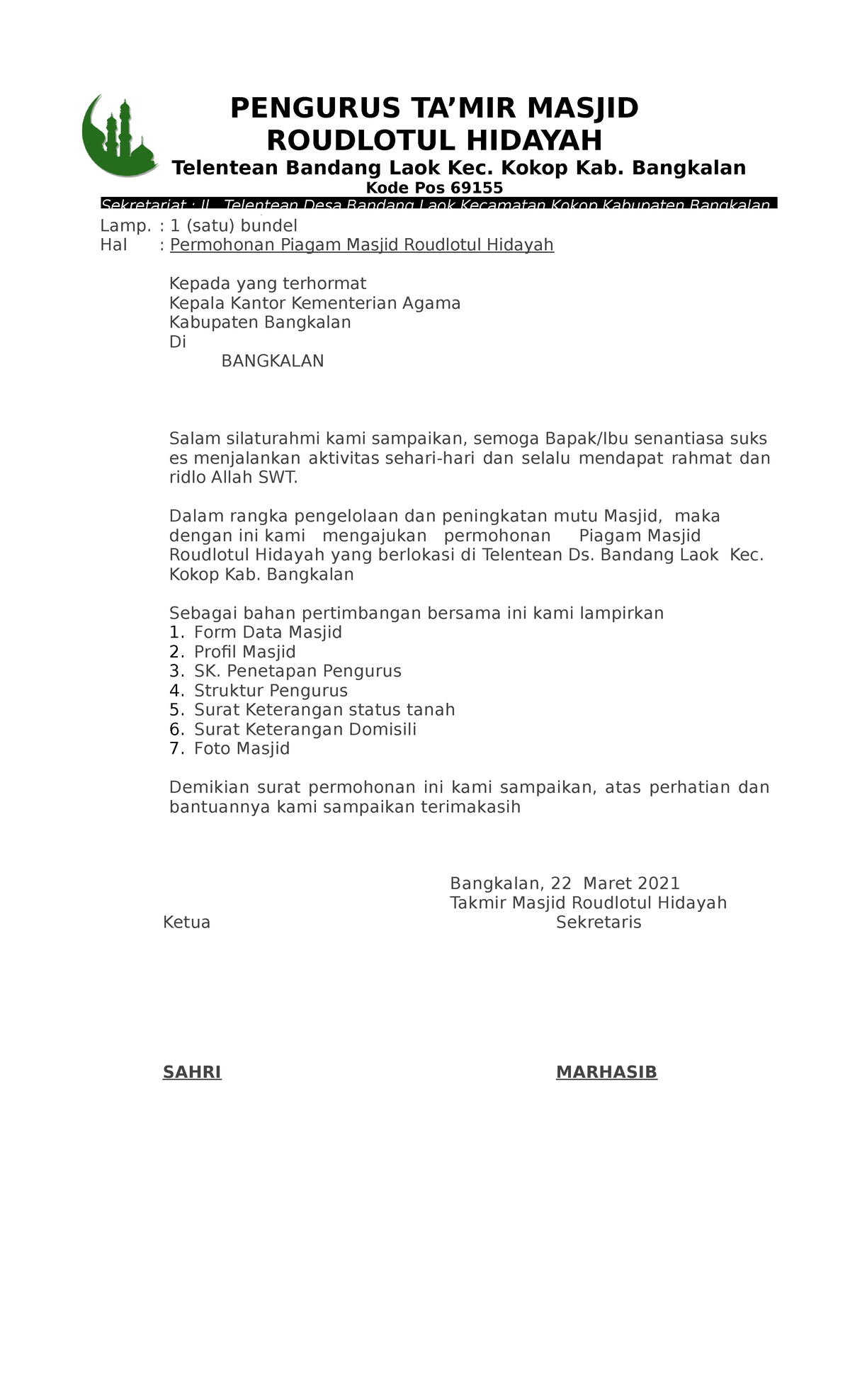 Usulana Piagam Masjid Falahul Muslim - Nomor : 03/Msjd/III/ Lamp. : 1 (satu) bundel Hal ...