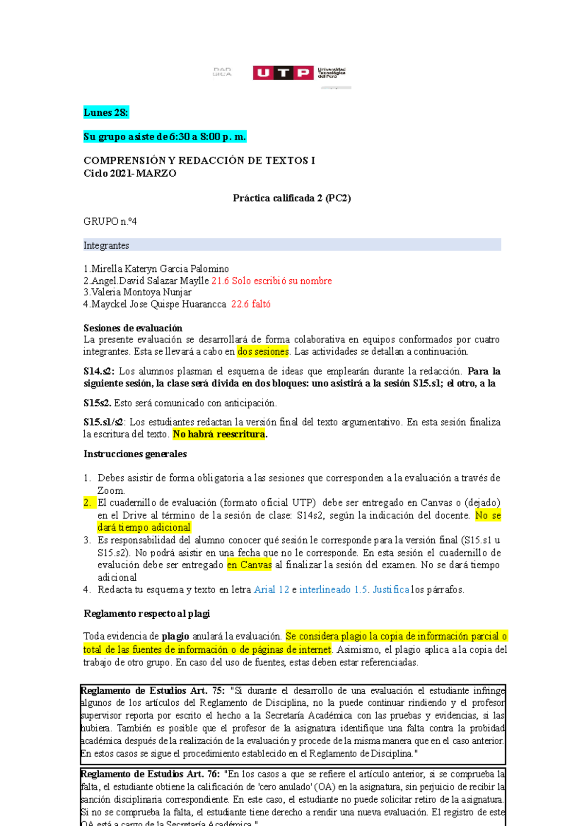 S14.s2 y S15-G4- Práctica Calificada 2 (Formato oficial UTP) 2021-marzo - Lunes 28: Su grupo ...