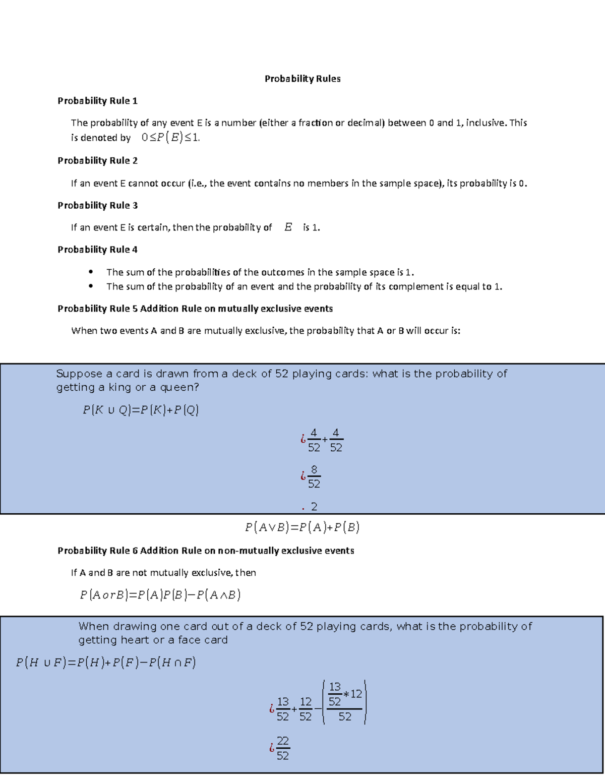 Probability Rules - Lecture notes 2 - Suppose a card is drawn from a ...