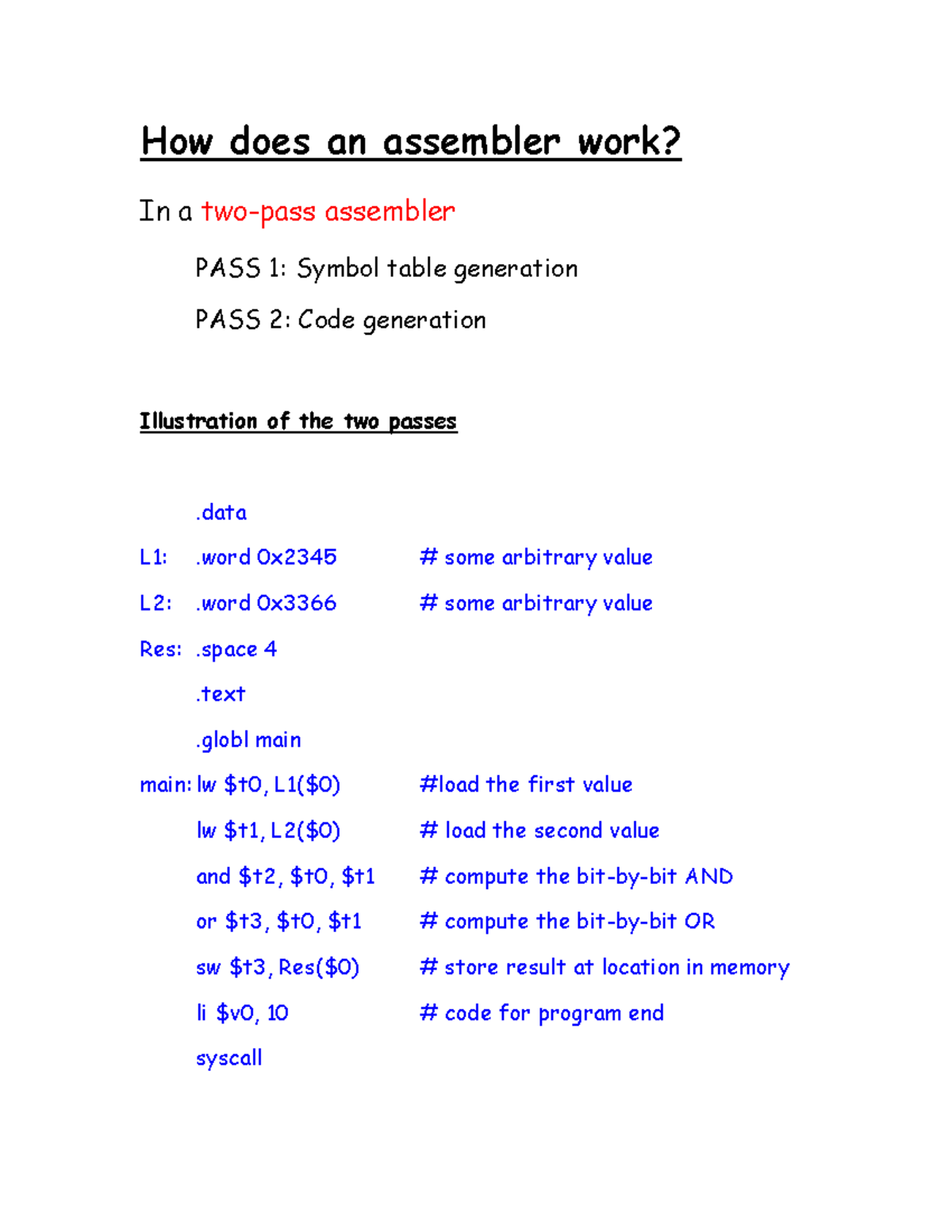 Mips Assembler Notes How Does An Assembler Work In A Two Pass Assembler Pass 1 Symbol