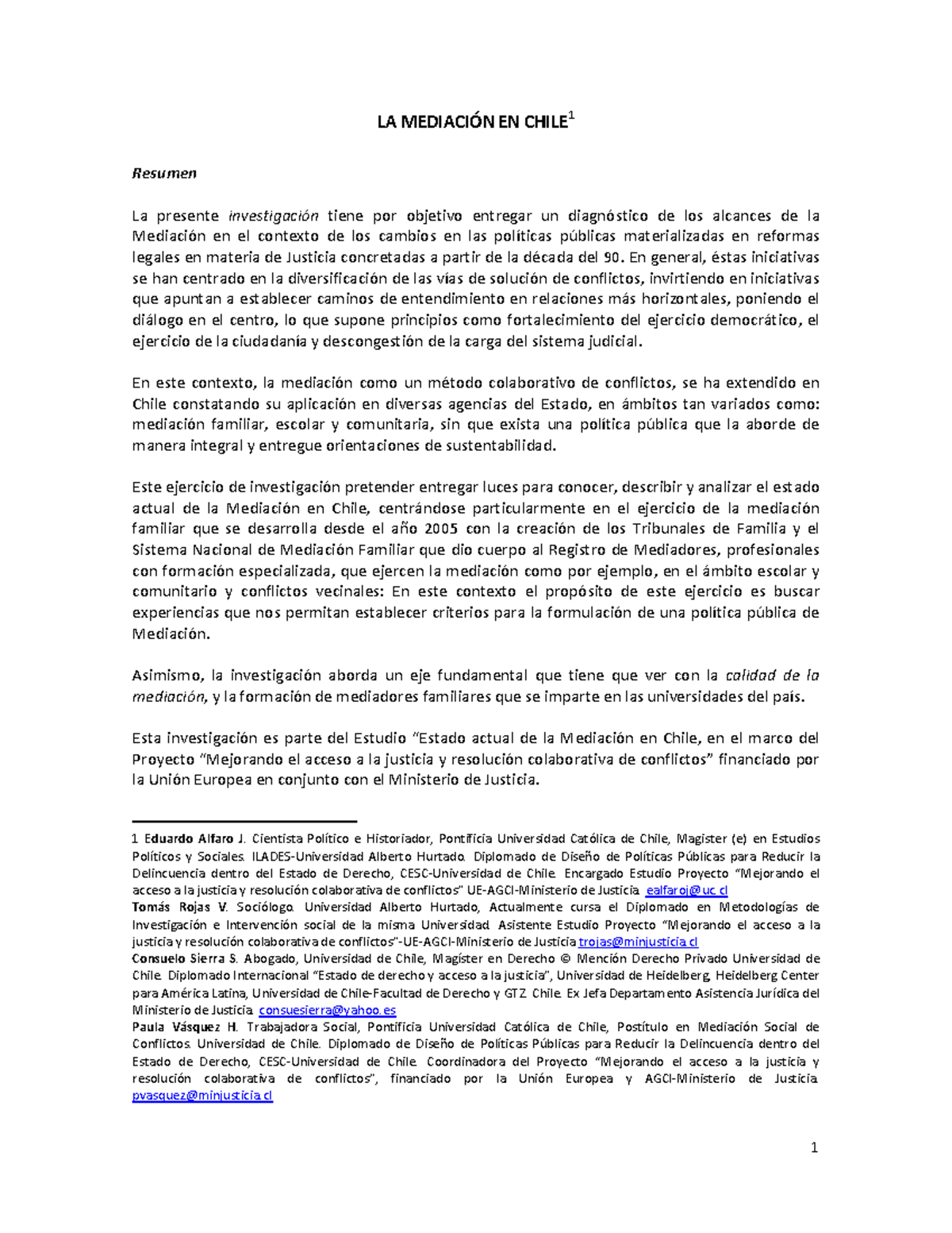 COMP II-2 - SHJA - LA MEDIACIÓN EN CHILE 1 Resumen La presente ...