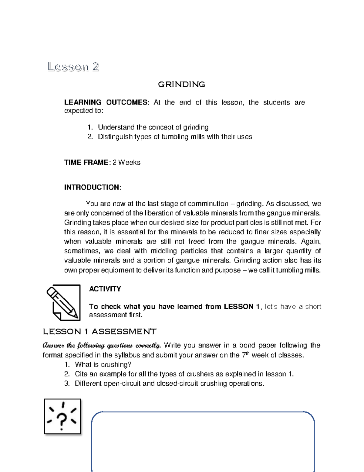 Topic 5 - Mineral Engineering - Lecture Notes - GRINDING LEARNING ...