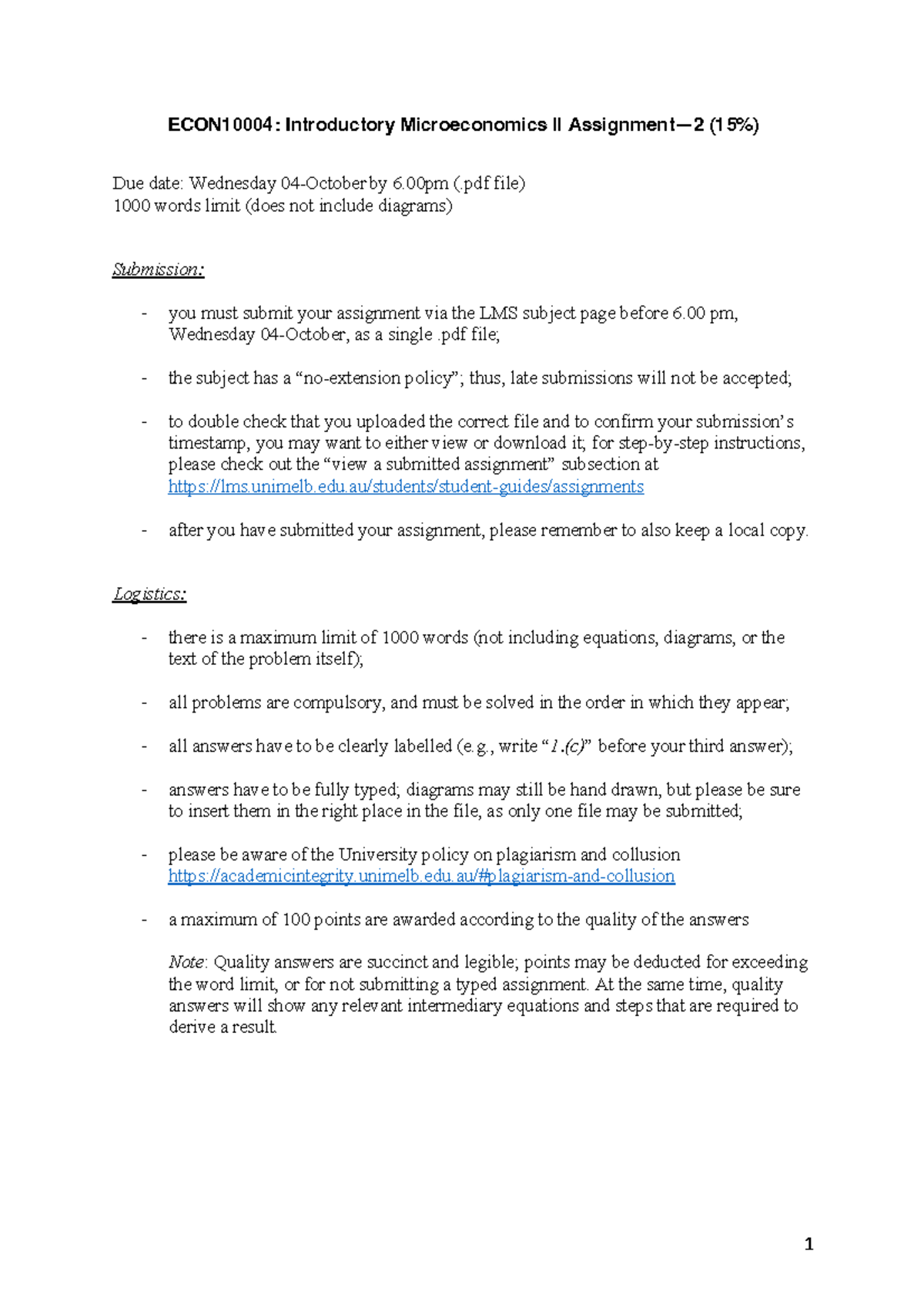Assignment 2 with solutions for students 2023 sem 2 - ECON10004: Introductory Microeconomics ...