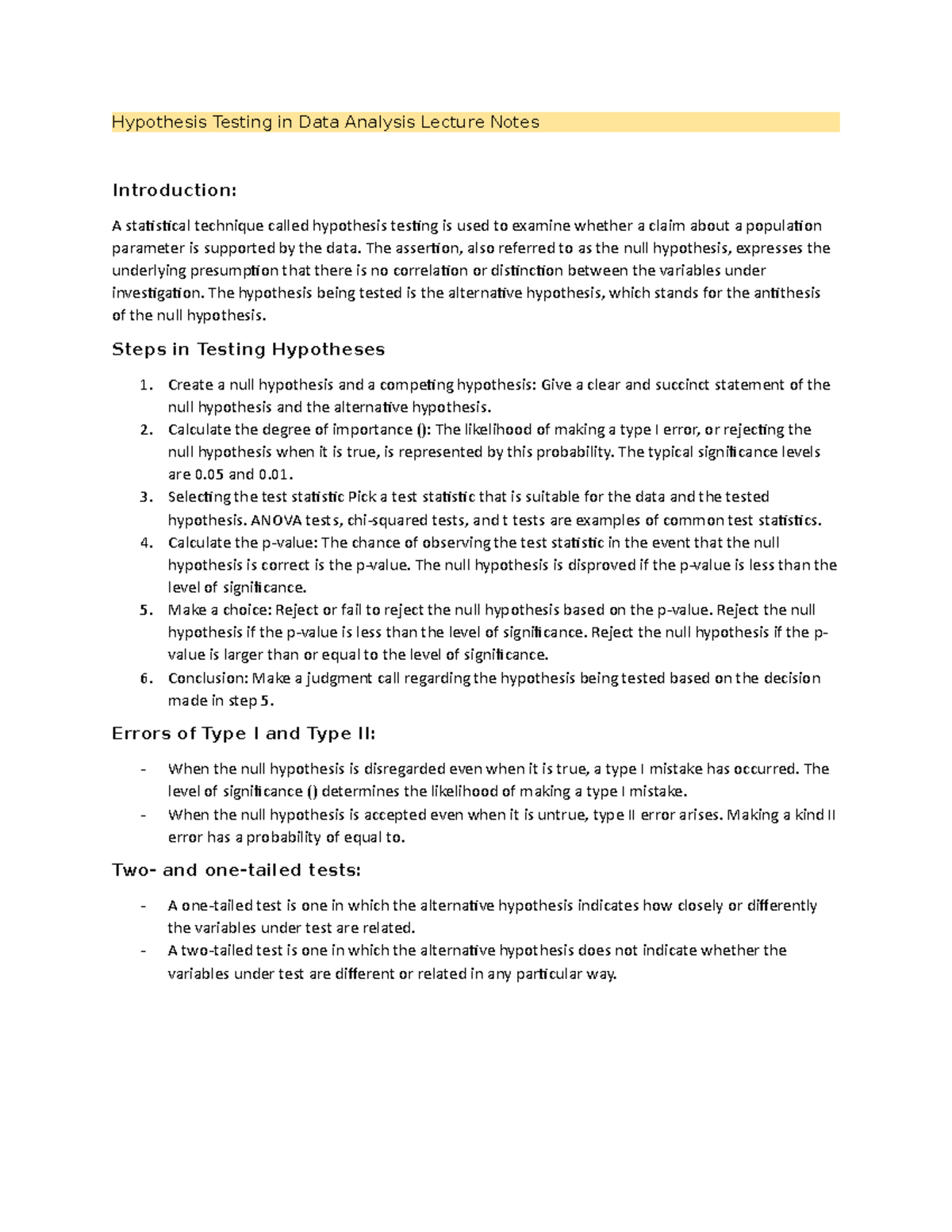 Hypothesis Testing in Data Analysis Lecture Notes - Hypothesis Testing ...