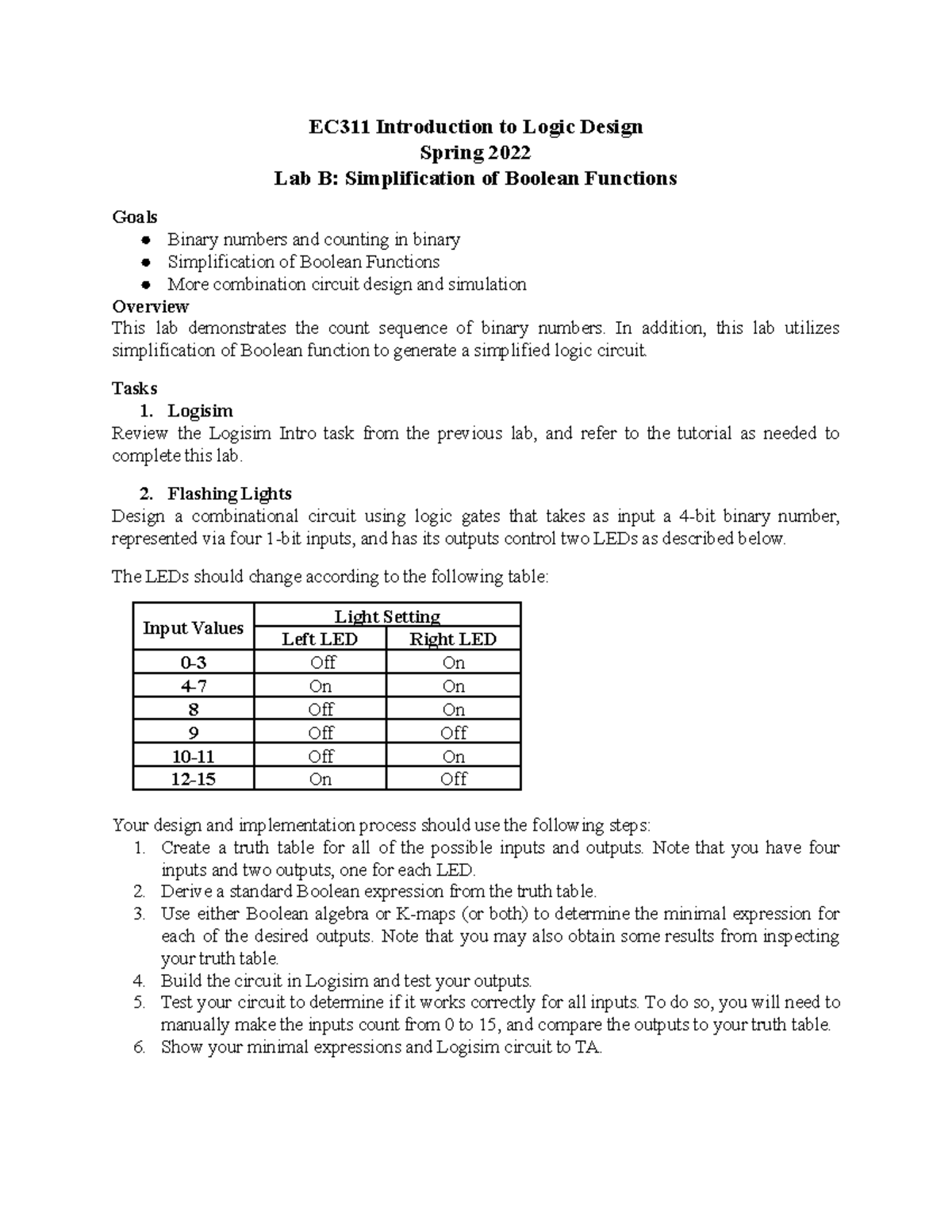 EC311 Lab B - Prof. Tali Moreshet - EC311 Introduction to Logic Design ...
