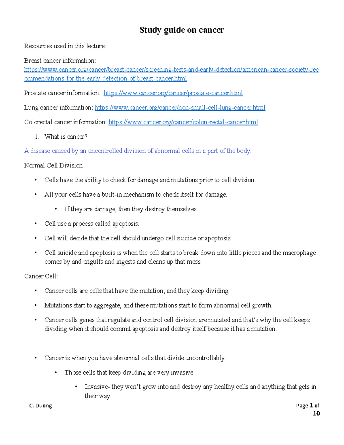 7- Cancer study guide F21 - Study guide on cancer Resources used in ...