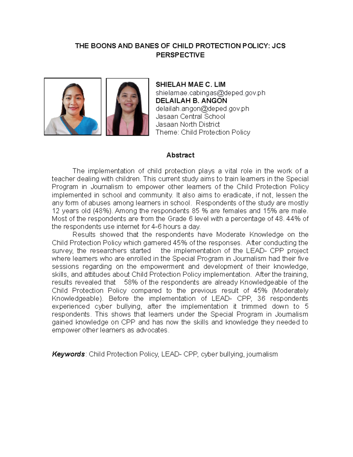 Child Protection Policy Abstract - THE BOONS AND BANES OF CHILD ...