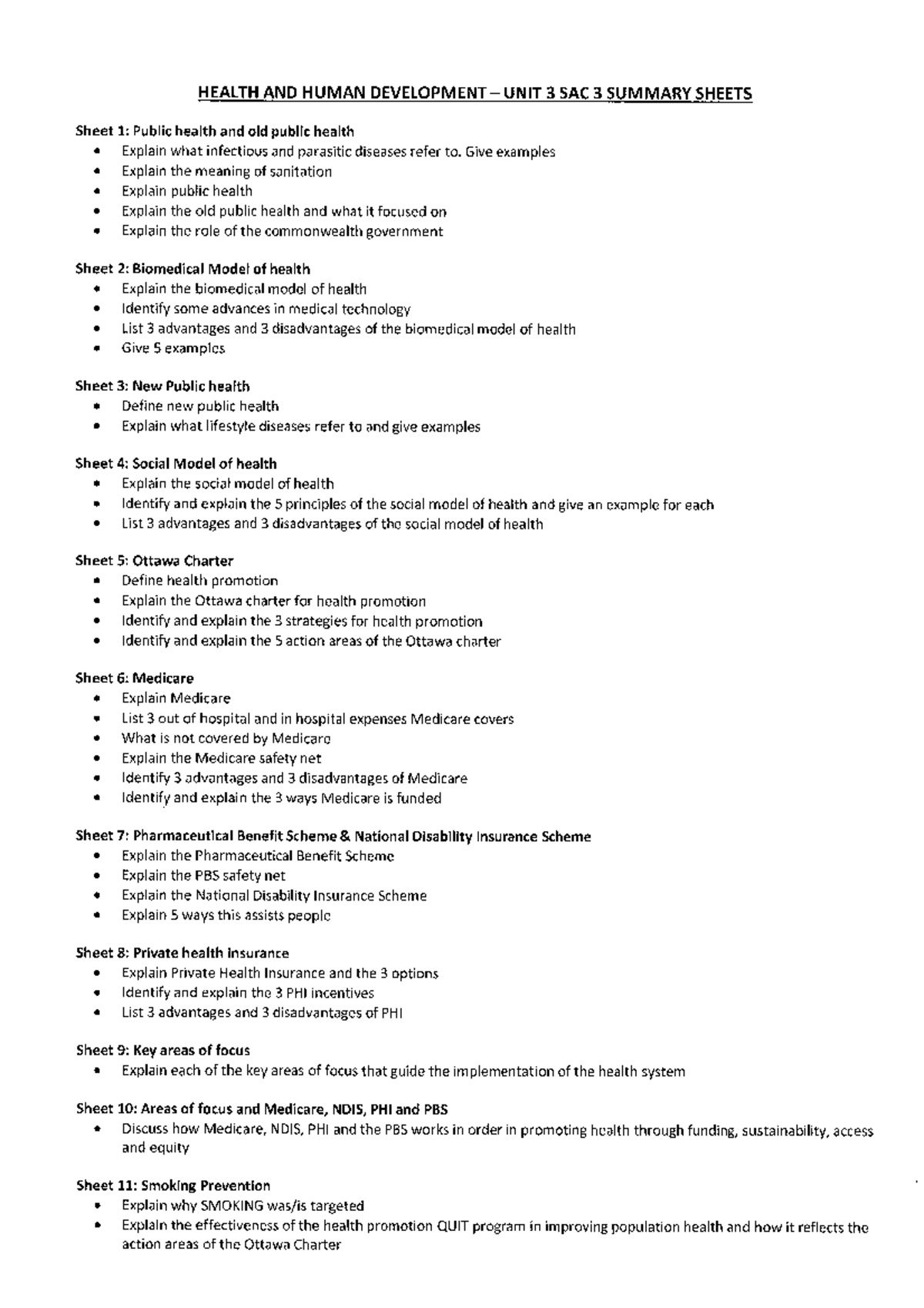 HHD Unit 3 SAC 3 summary sheets - Studocu