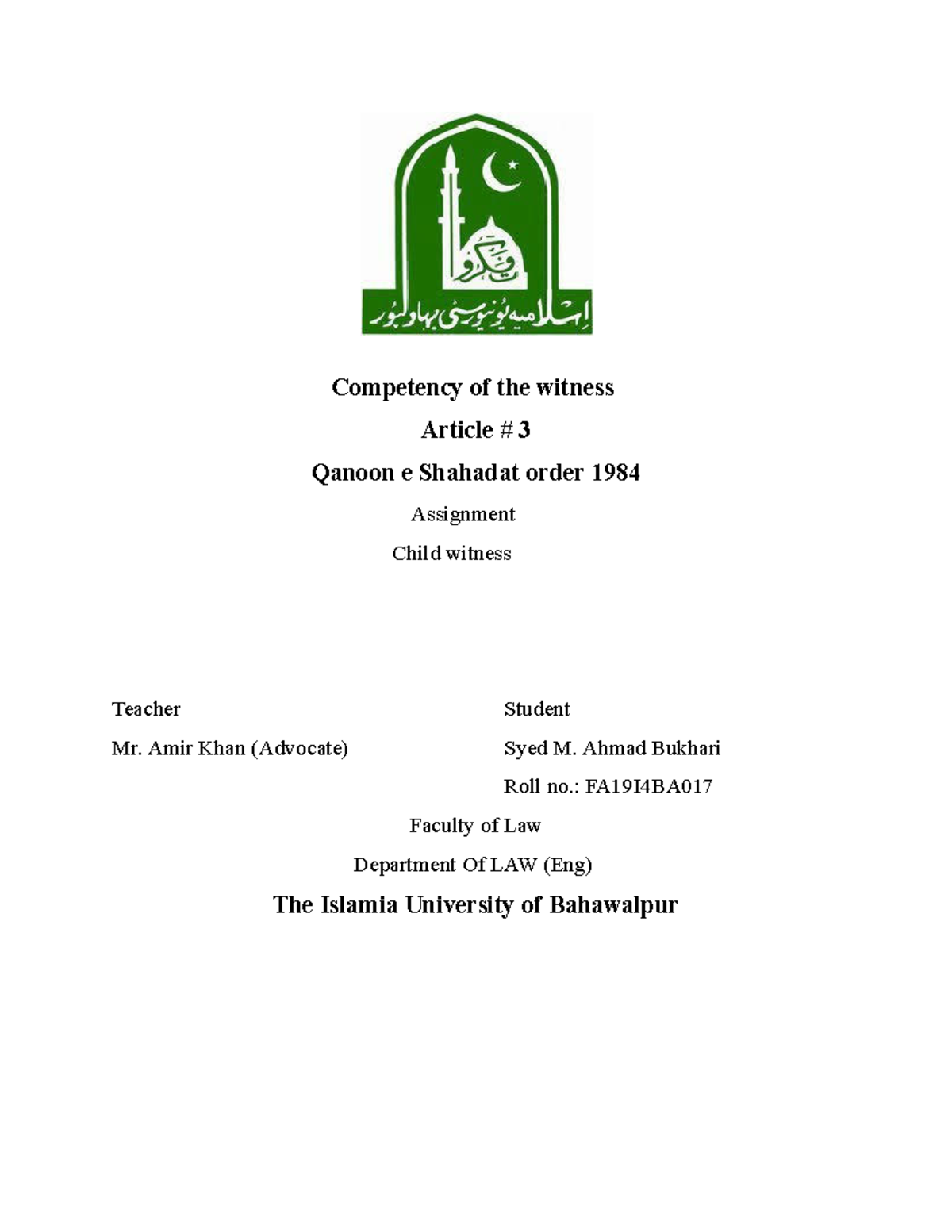 Competency of the witness - Competency of the witness Article # 3 ...