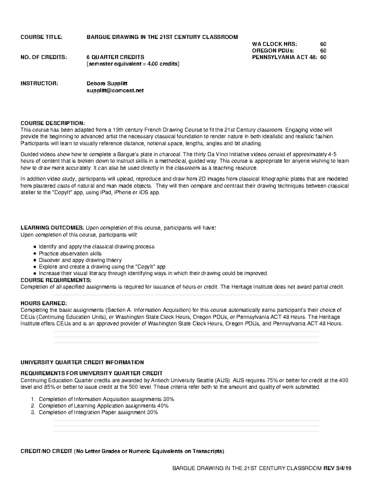 Bargue drawing course in the 21st century classroom - COURSE TITLE ...