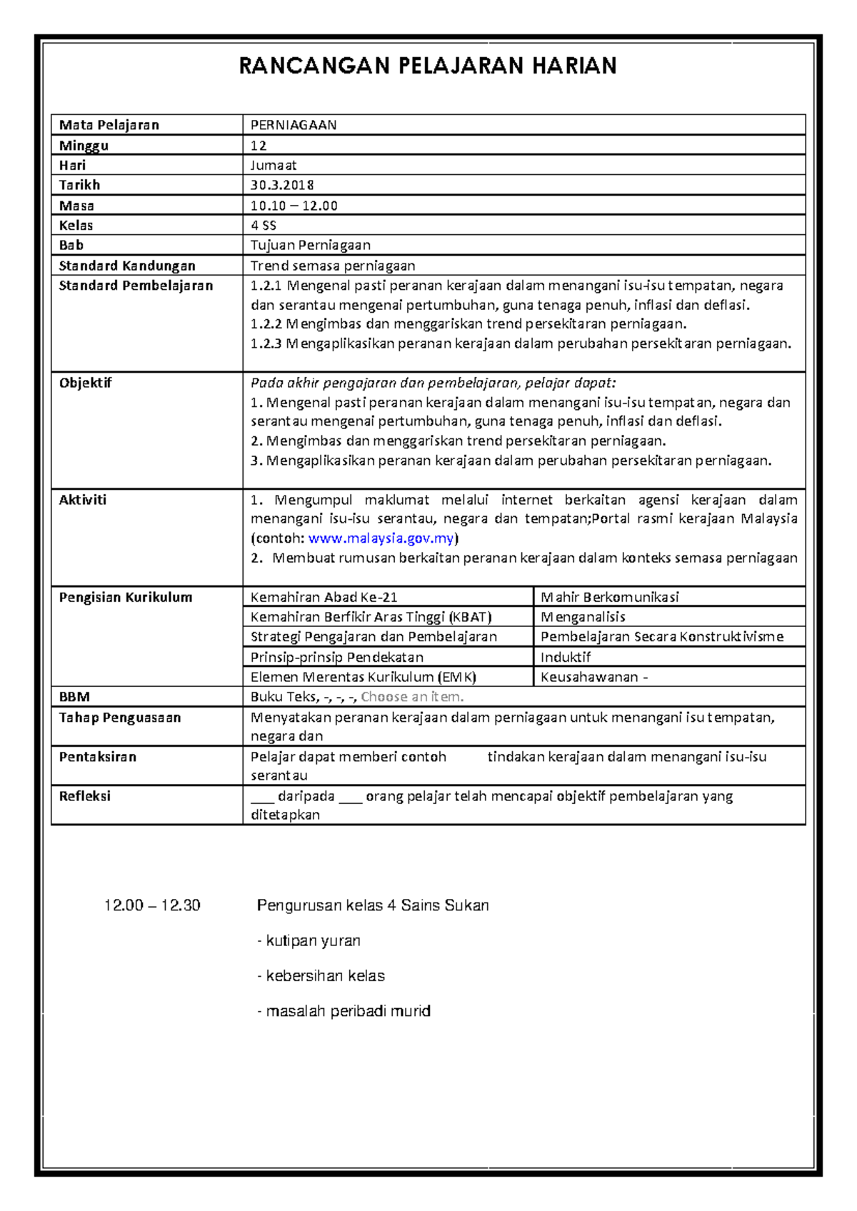 Rancangan pengajaran harian perniagaan tingkatan 4 - Mata Pelajaran ...