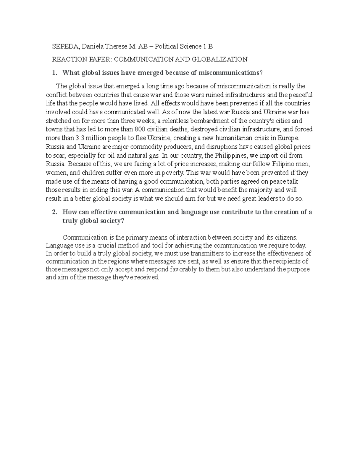 Reaction Paper Communication AND Globalization - SEPEDA, Daniela ...