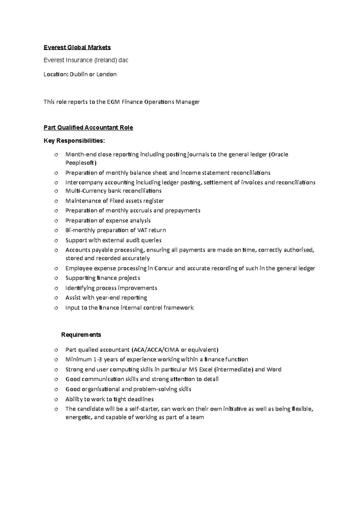 Part Qualified Accountant JD - Everest Global Markets Everest Insurance ...