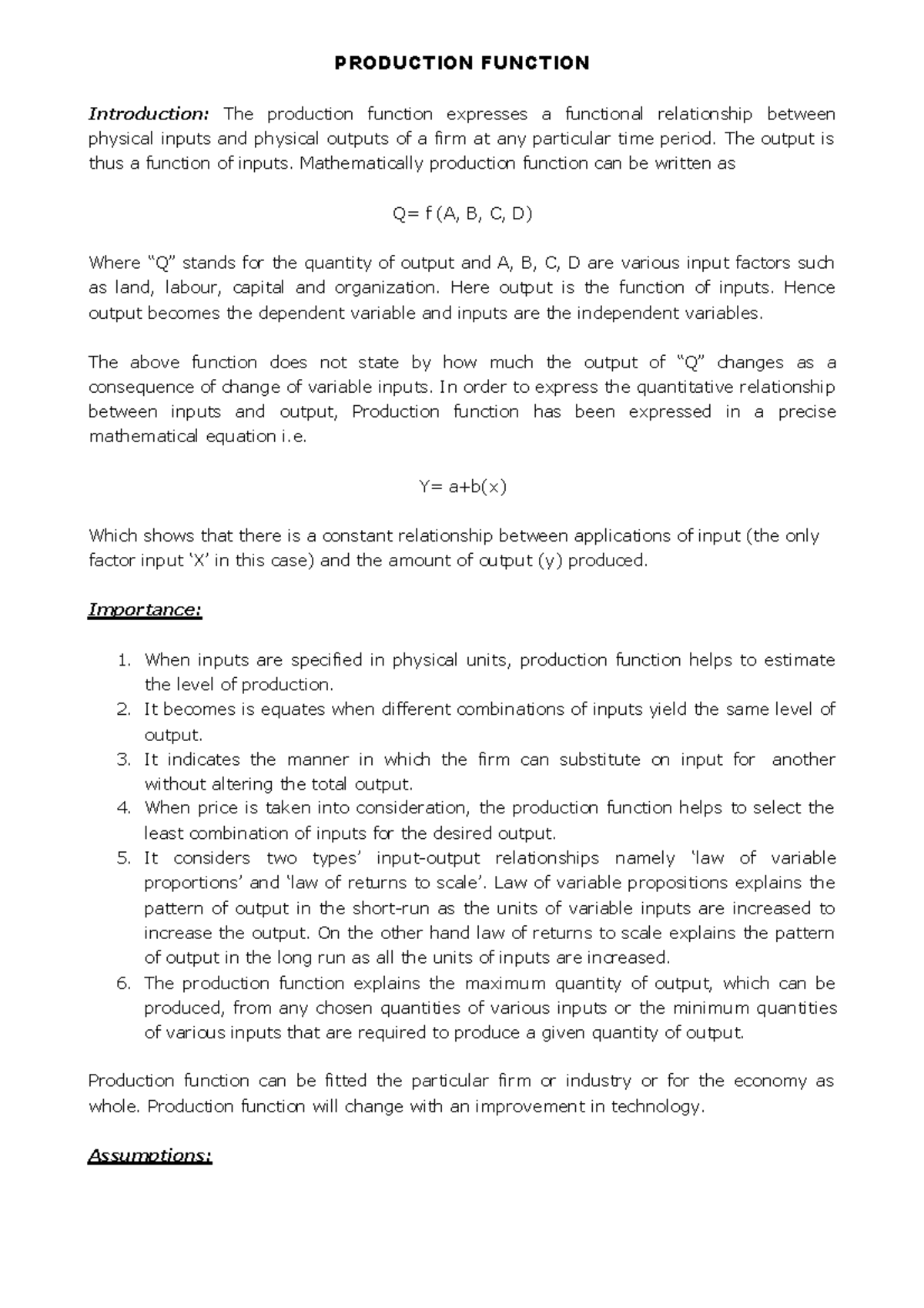 Production Function - lecture note - PRODUCTION FUNCTION Introduction ...