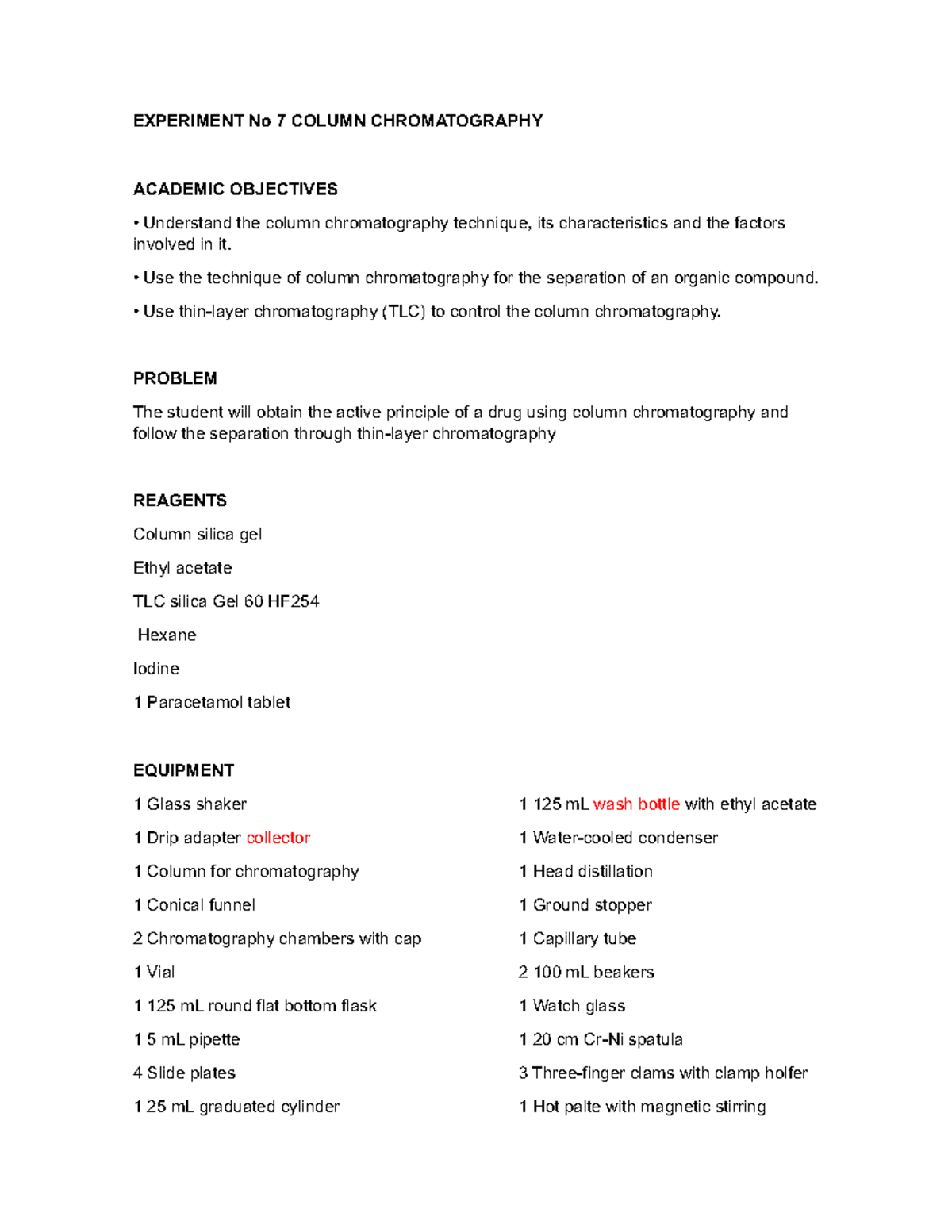 Experiment 7 Column Chromatography - EXPERIMENT No 7 COLUMN ...