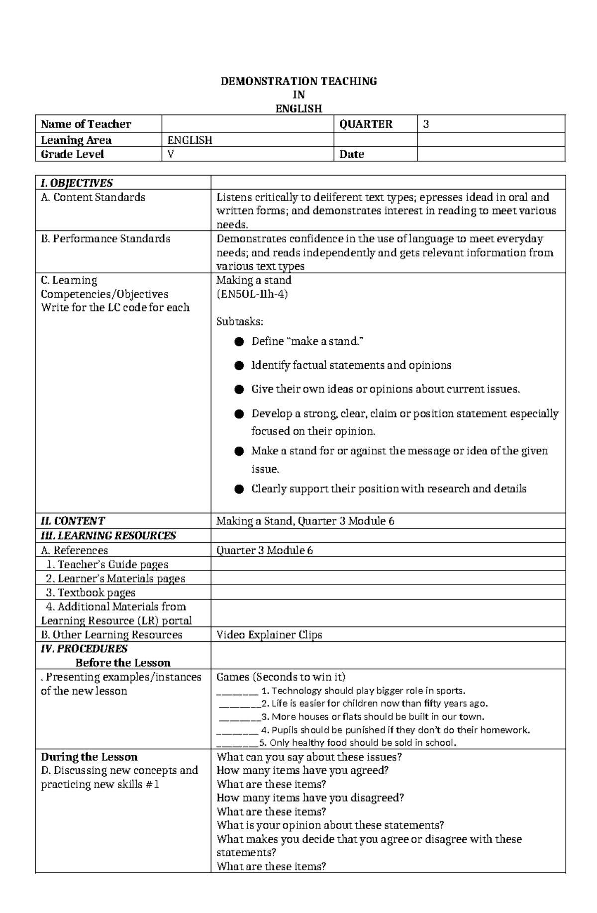 DLP Making A Stand - DEMONSTRATION TEACHING IN ENGLISH Name of Teacher ...