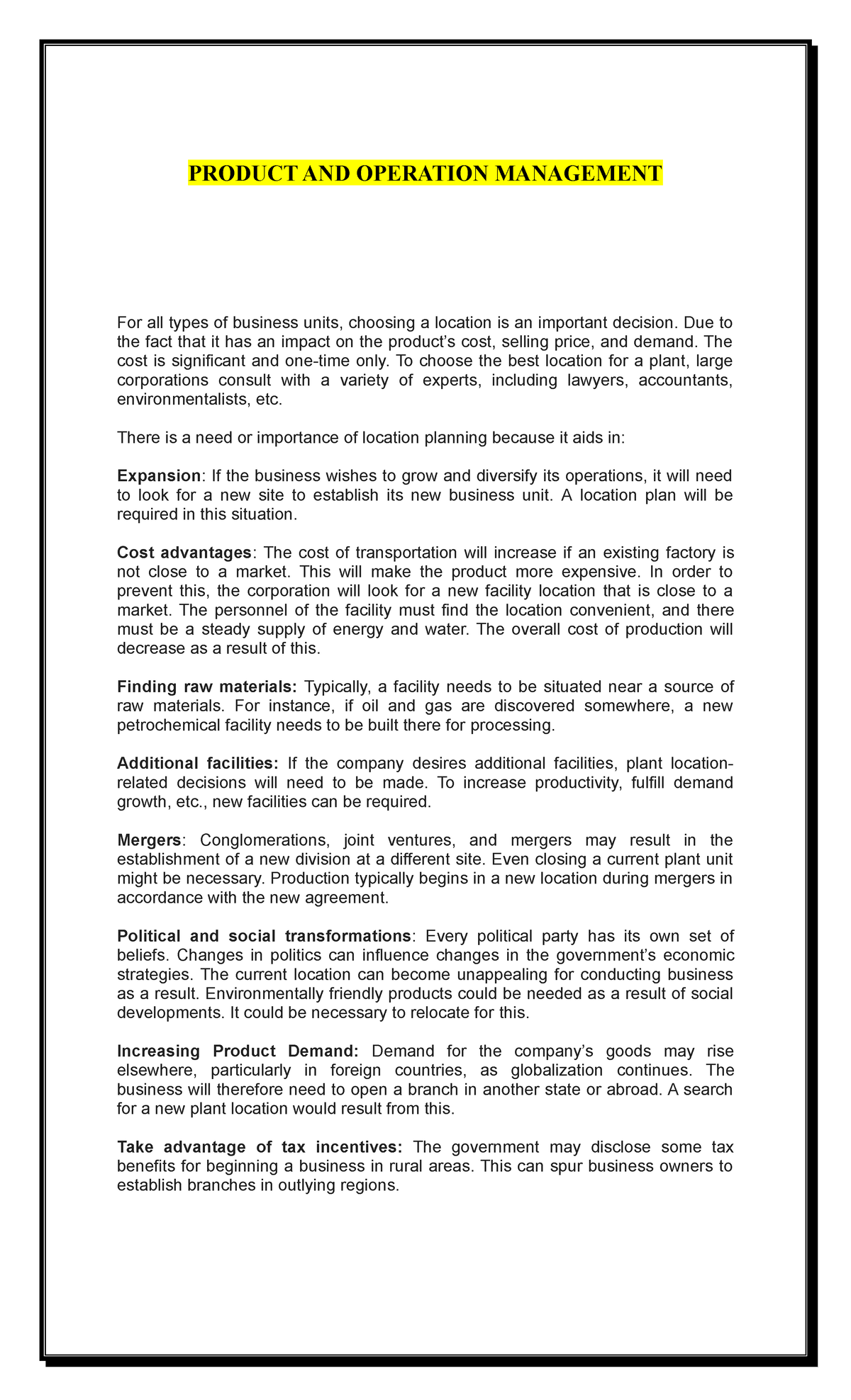 IMPORTANCE OF PLANNING LOCATION - PRODUCT AND OPERATION MANAGEMENT For ...