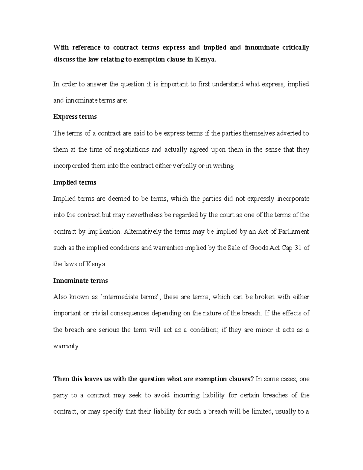 Contract LAW Assignment-2 - With reference to contract terms express ...