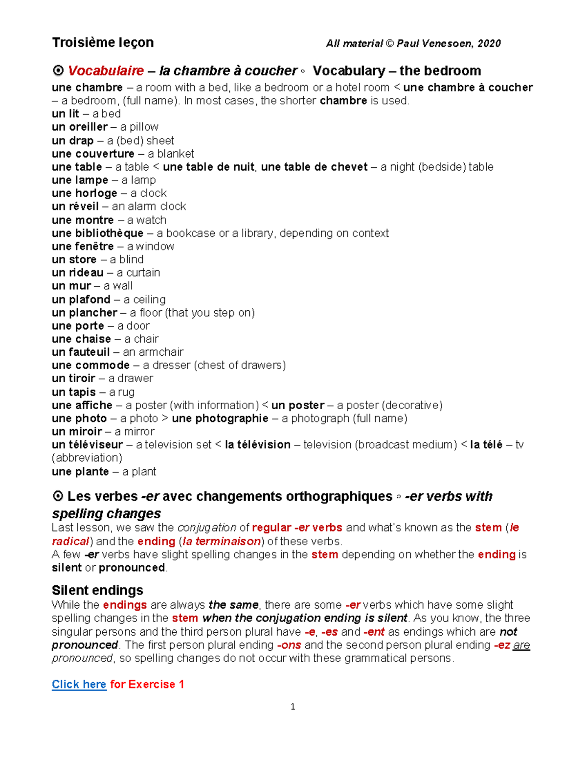 3 Troisième leçon - notes - Vocabulaire – la chambre à coucher ...