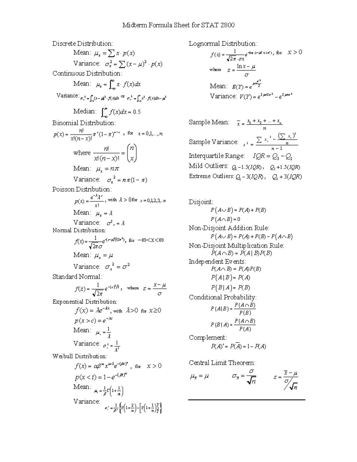 summary formula sheet - Midterm Formula Sheet for STAT 2800 Discrete Distribution: Mean: x - Studocu