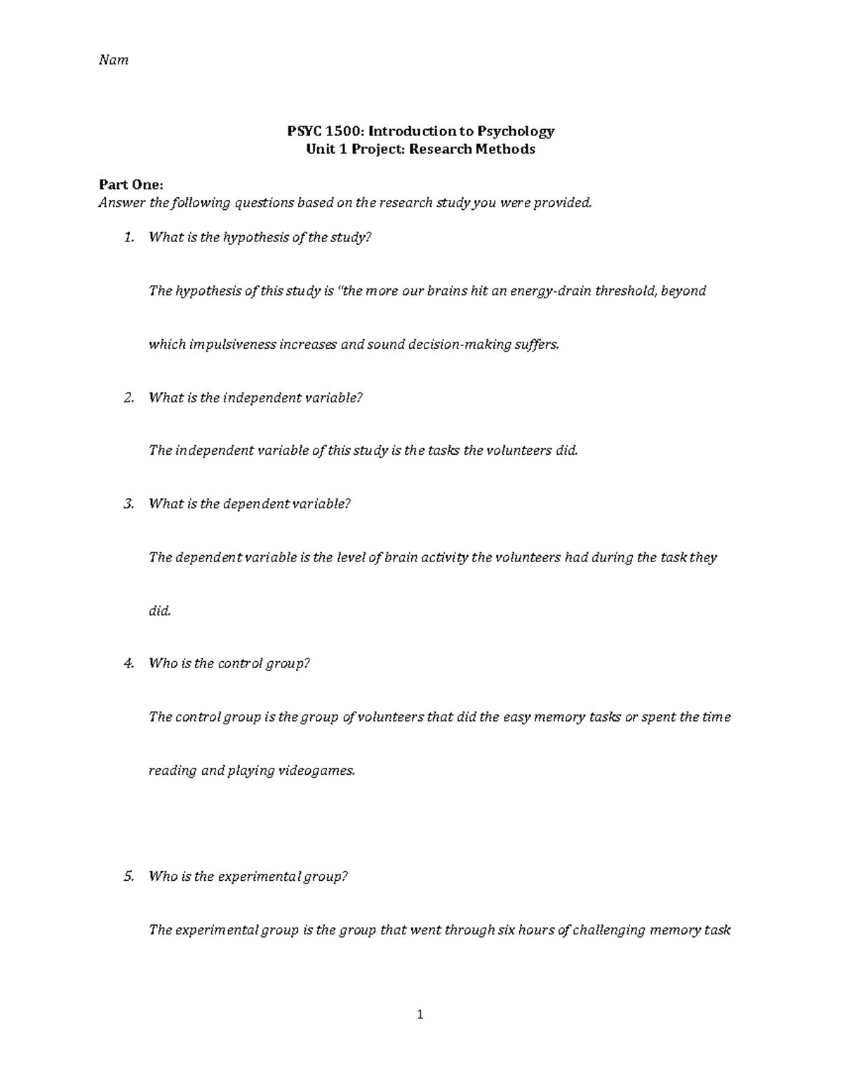 Unit 1 Project Research - Nam PSYC 1500: Introduction to Psychology ...