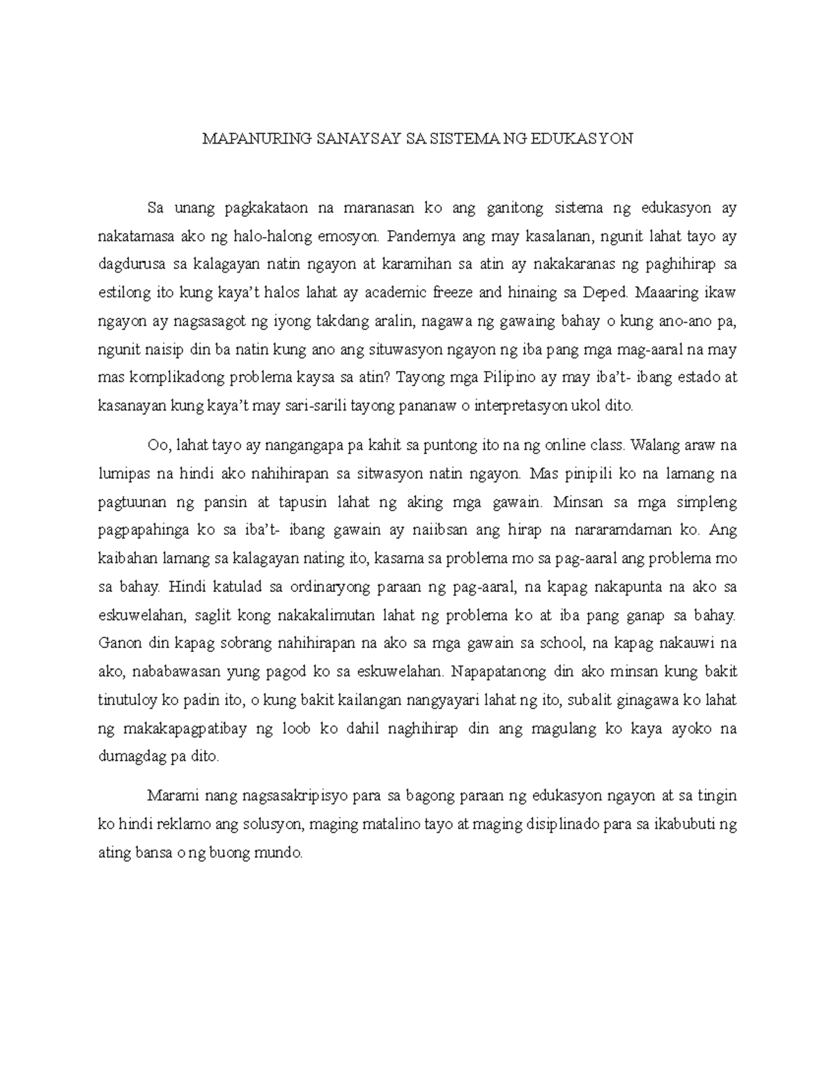 Mapanuring Sanaysay SA Sistema NG Edukasyon - MAPANURING SANAYSAY SA SISTEMA NG EDUKASYON Sa ...