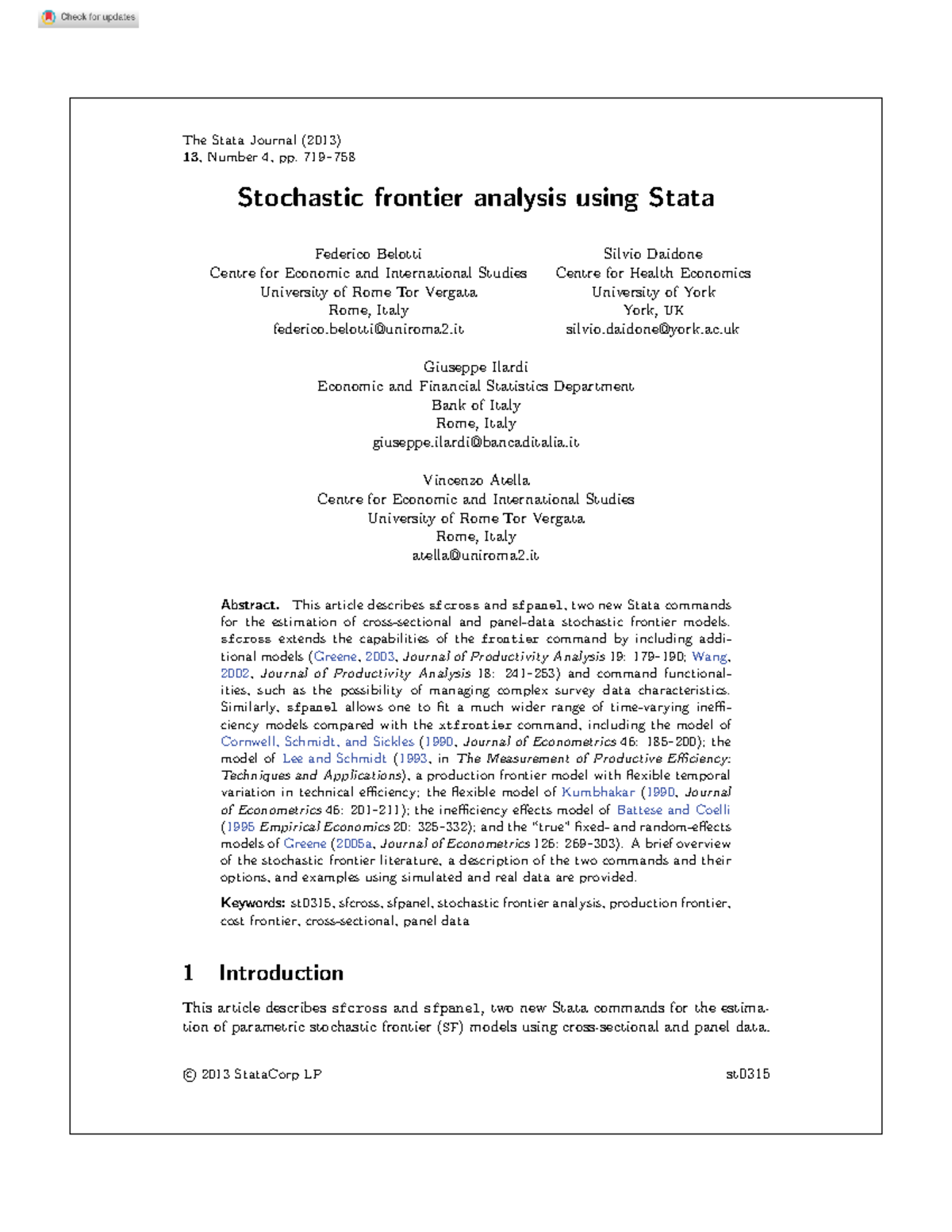 Stochastic frontier model using stata - The Stata Journal (2013) 13 , Number 4, pp. 719 ...