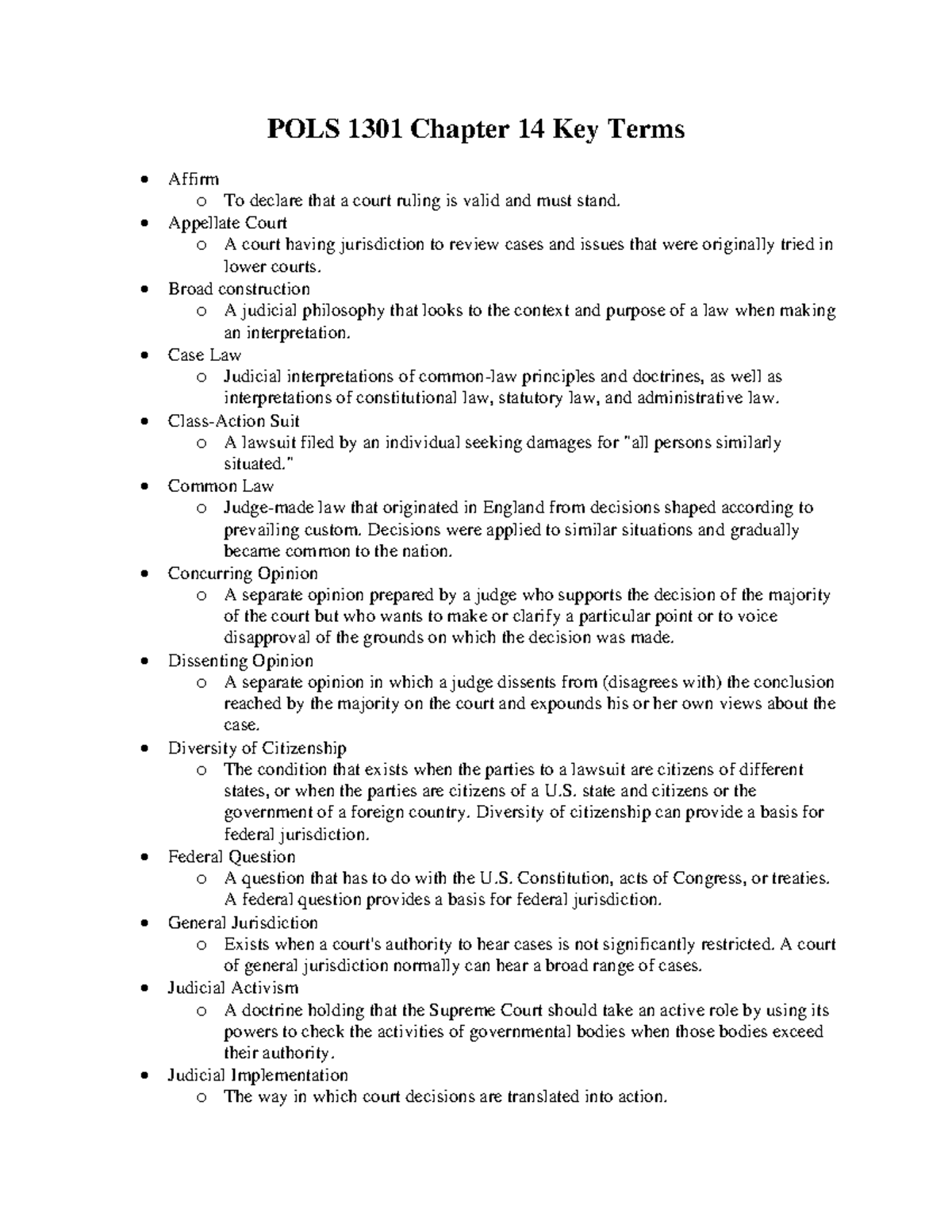 POLS 1301 Chapter 14 Key Terms - POLS 1301 Chapter 14 Key Terms Affirm o To declare that a court ...
