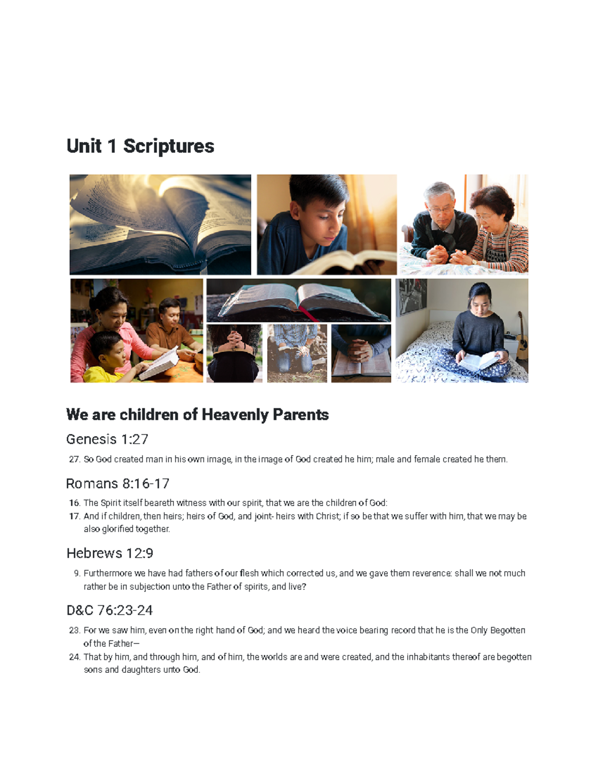 C1 - readings - Unit 1 Scriptures We are children of Heavenly Parents ...