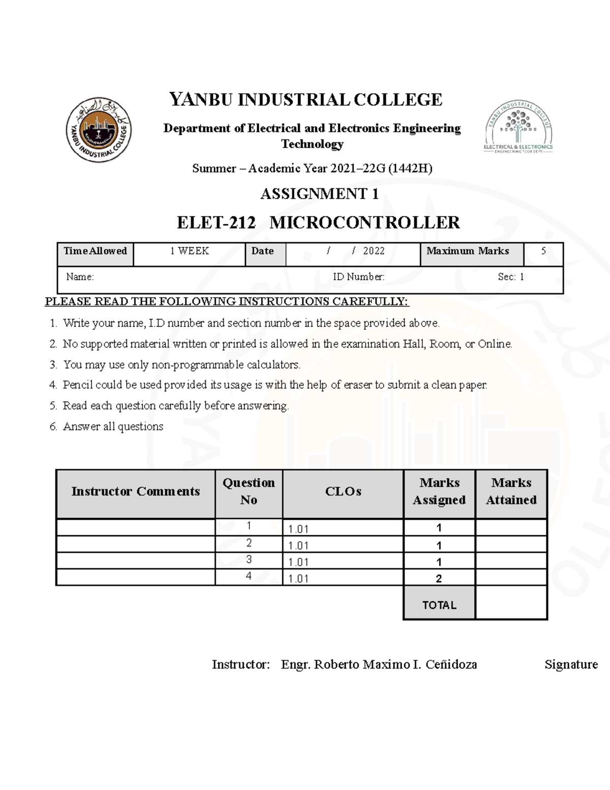 Assign 1 ELET212 Summer 2022 due On July17 2022 - YANBU INDUSTRIAL ...