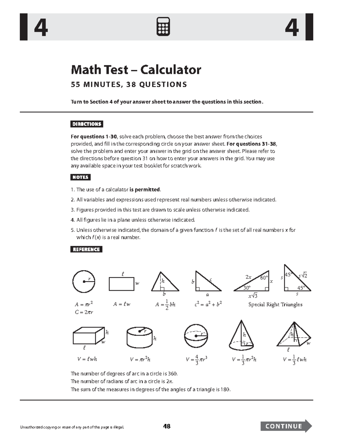 SAT1 - desc - Math Test – Calculator 55 MINUTES, 38 QUESTIONS Turn to ...
